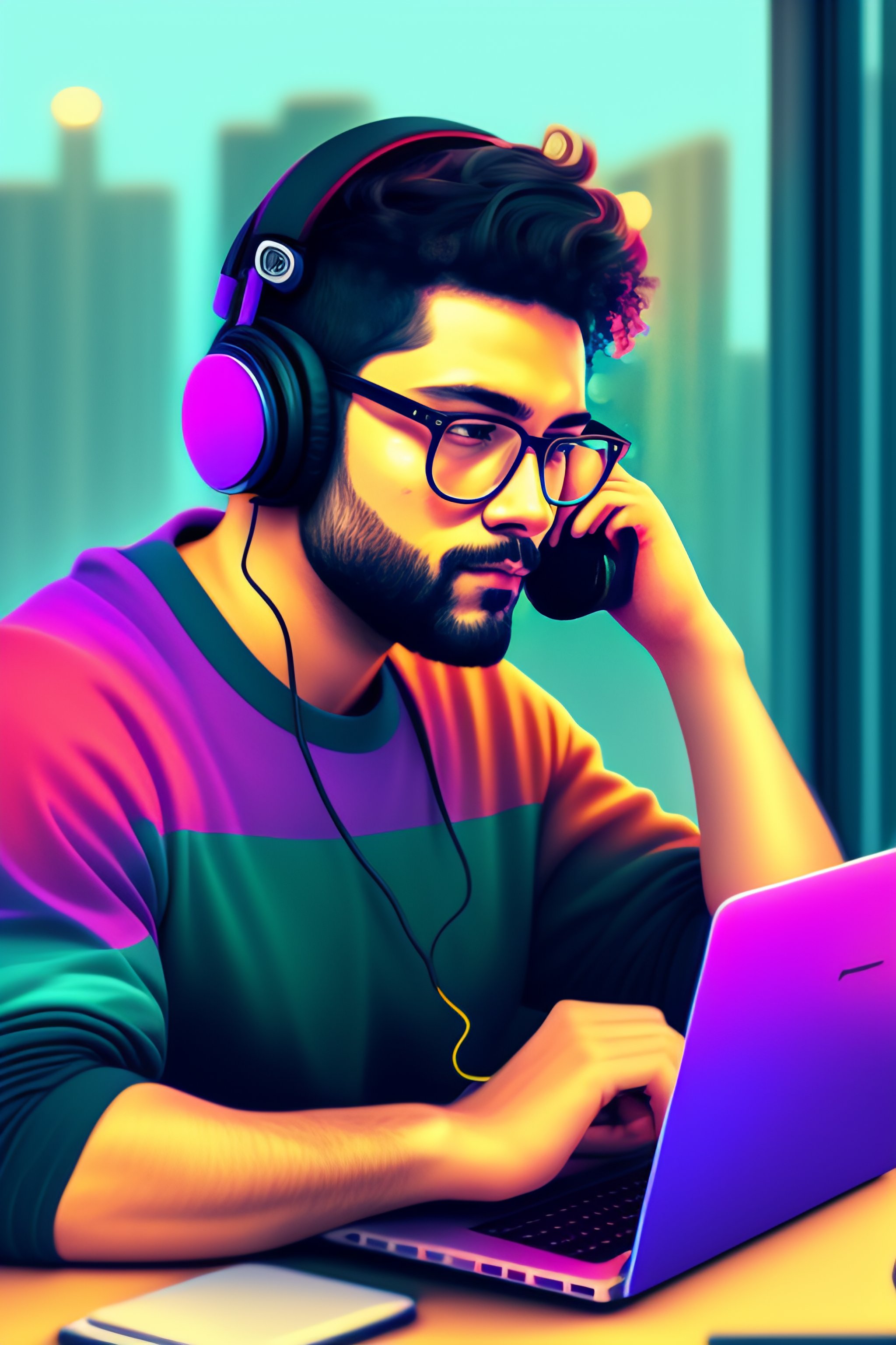 Lexica - Portrait of a coder sitting in front of his laptop with his bi ...