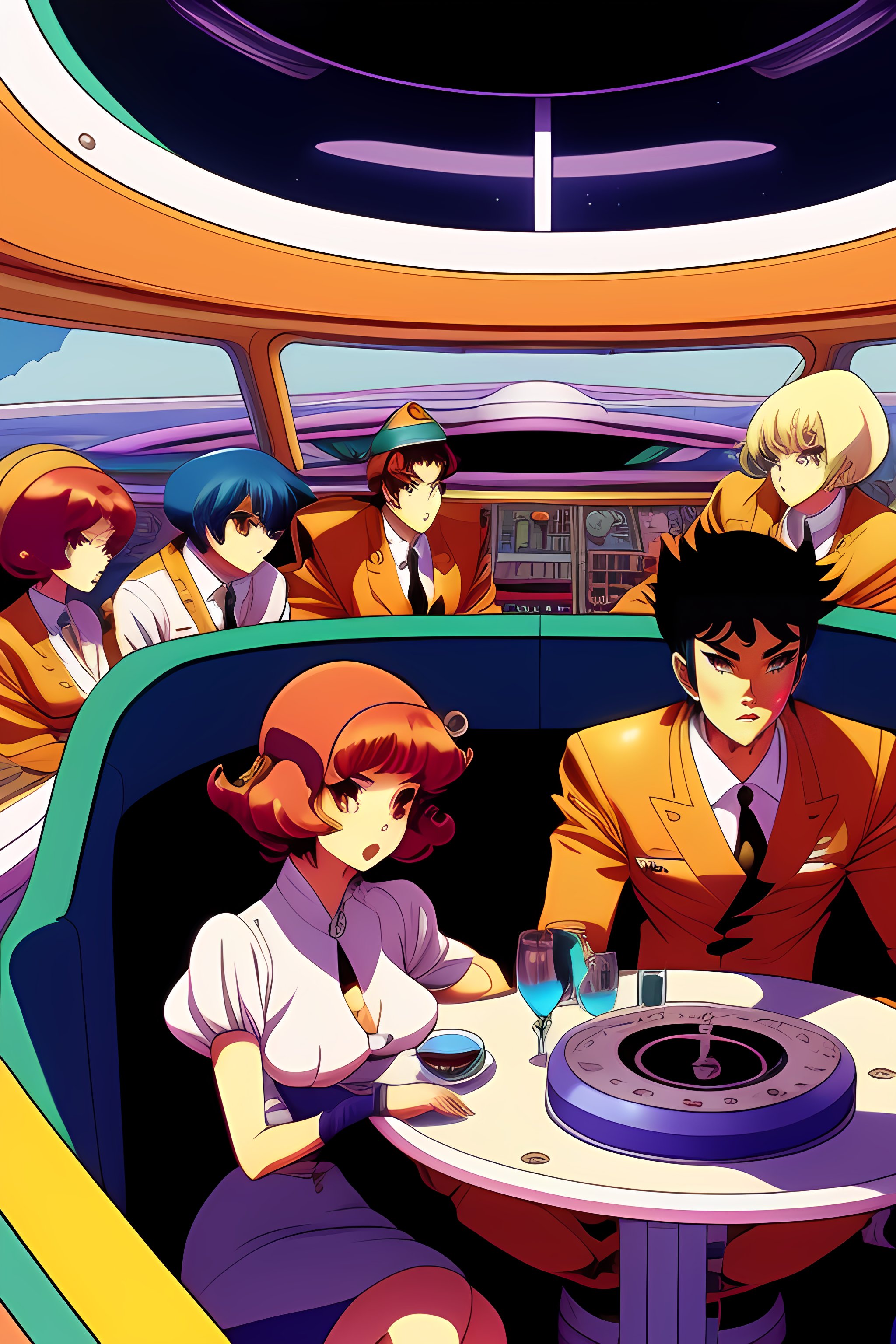 Lexica - Vintage 60's anime style. cluttered starship interior; crew ...
