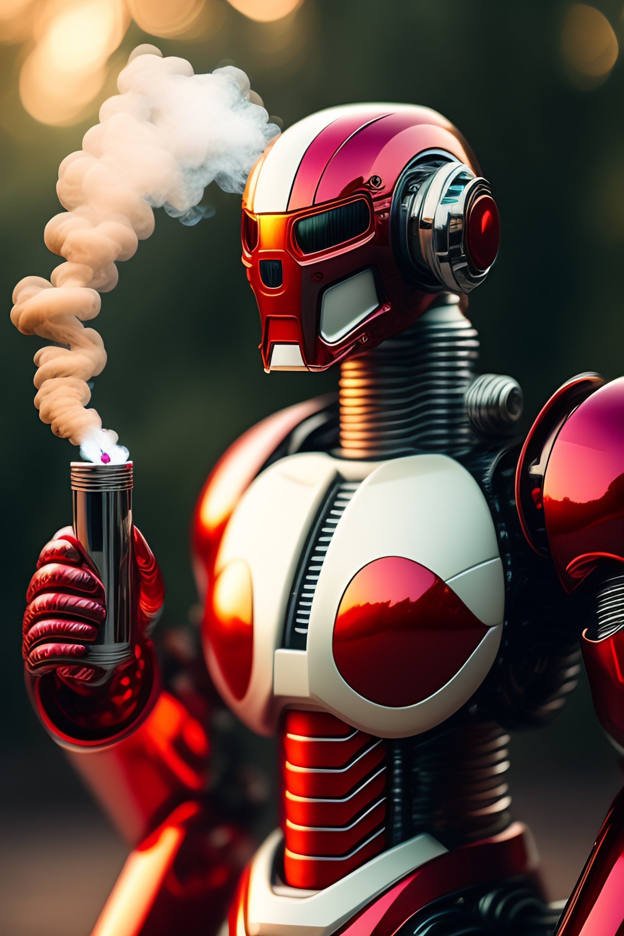 Lexica - A red and white wise cyborg machine robot smoking pipe