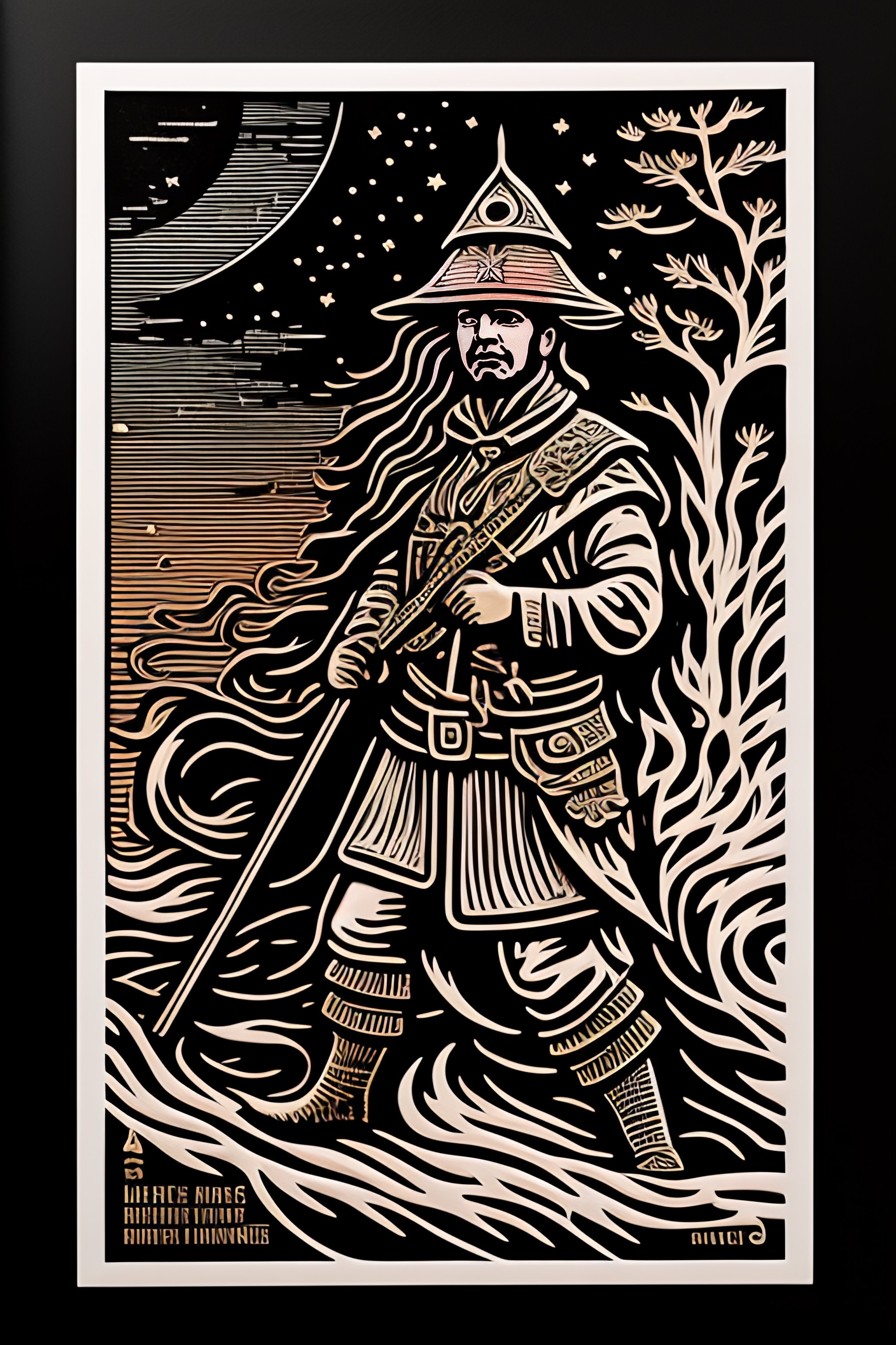 Lexica - An award winning linocut of a mage in the battlefield