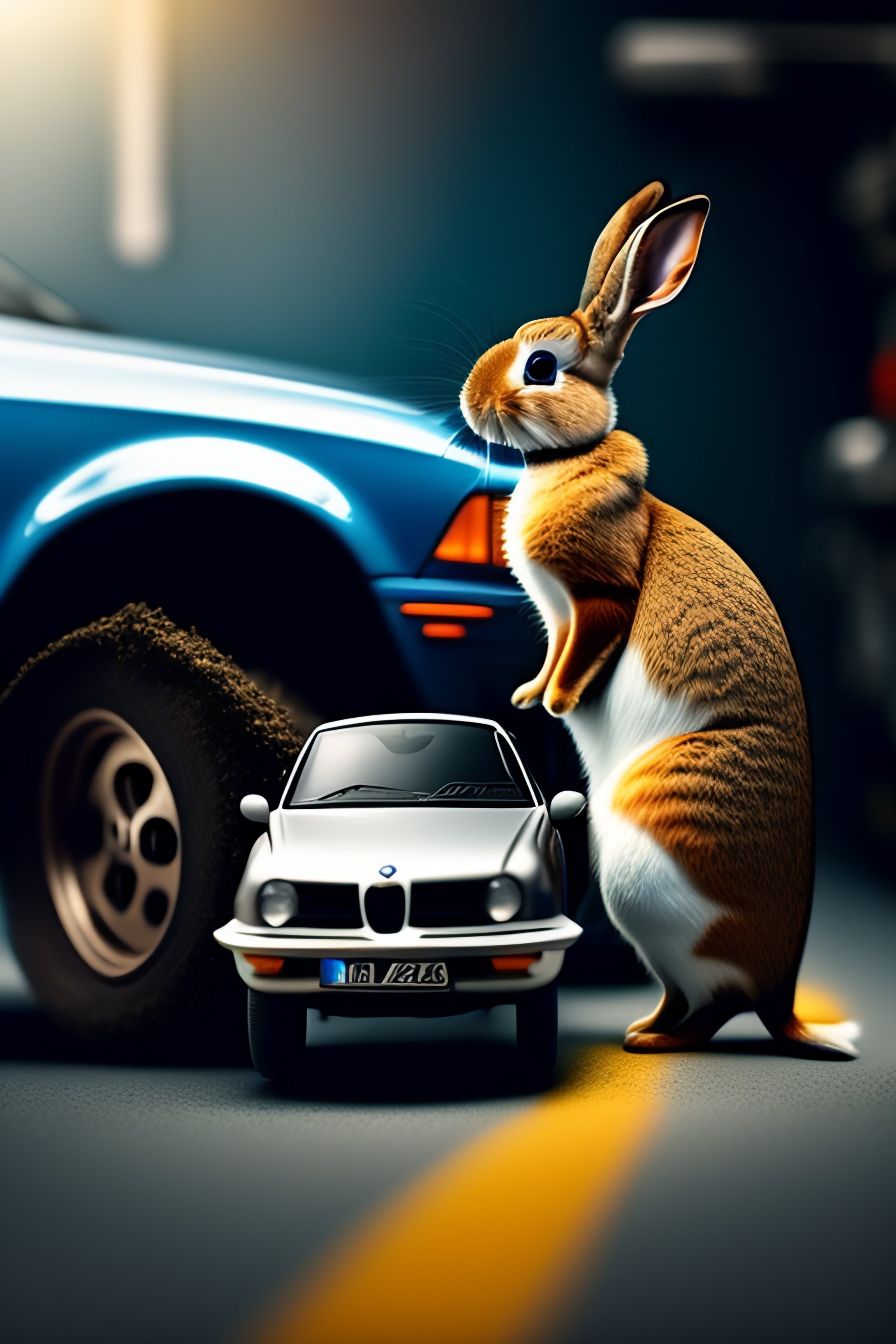 Lexica - One rabbit with BMW E90 in a car mechanic workshop