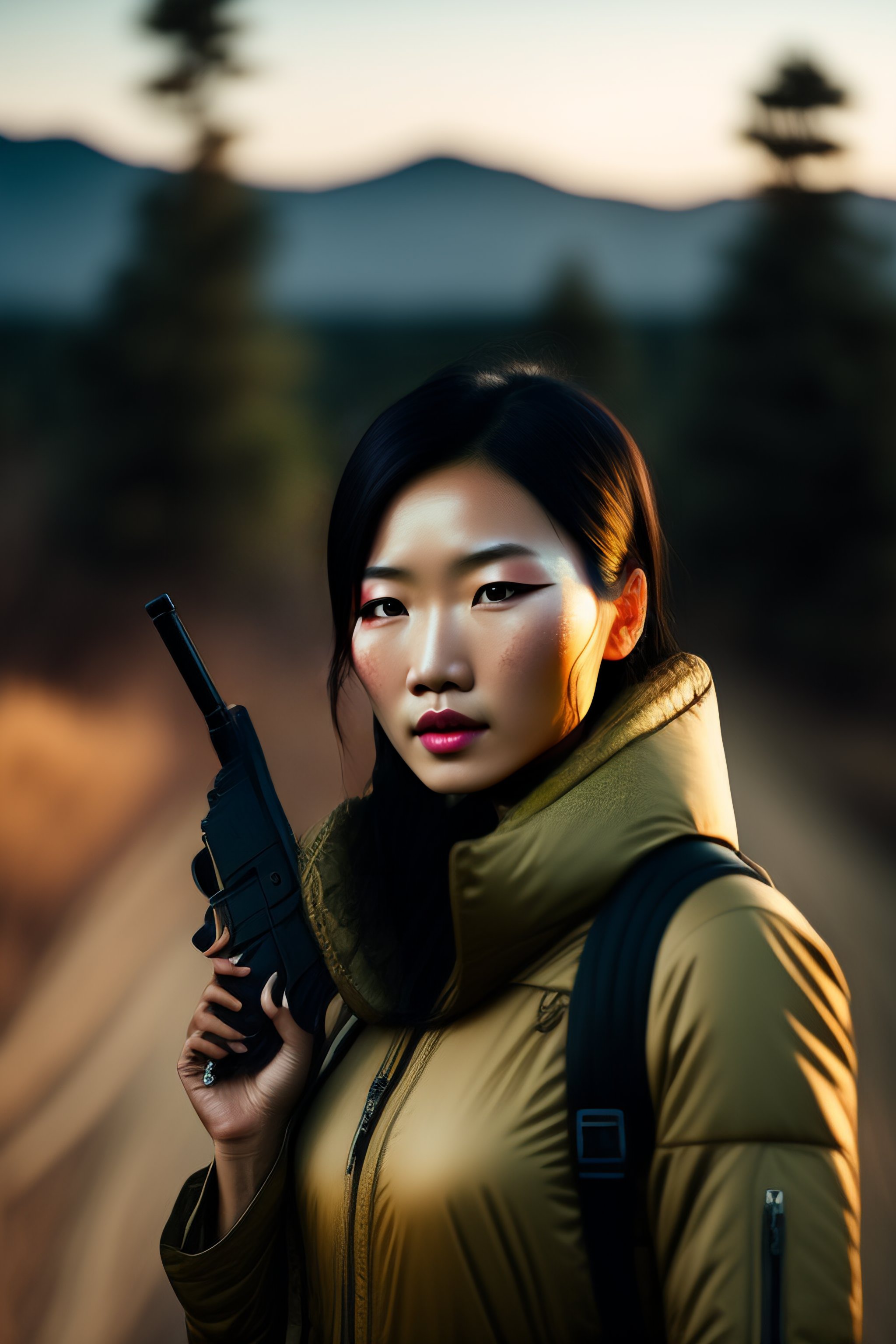 Lexica - Asian woman, young, dressed as a stalker, revolver in hand, post-apocalypse
