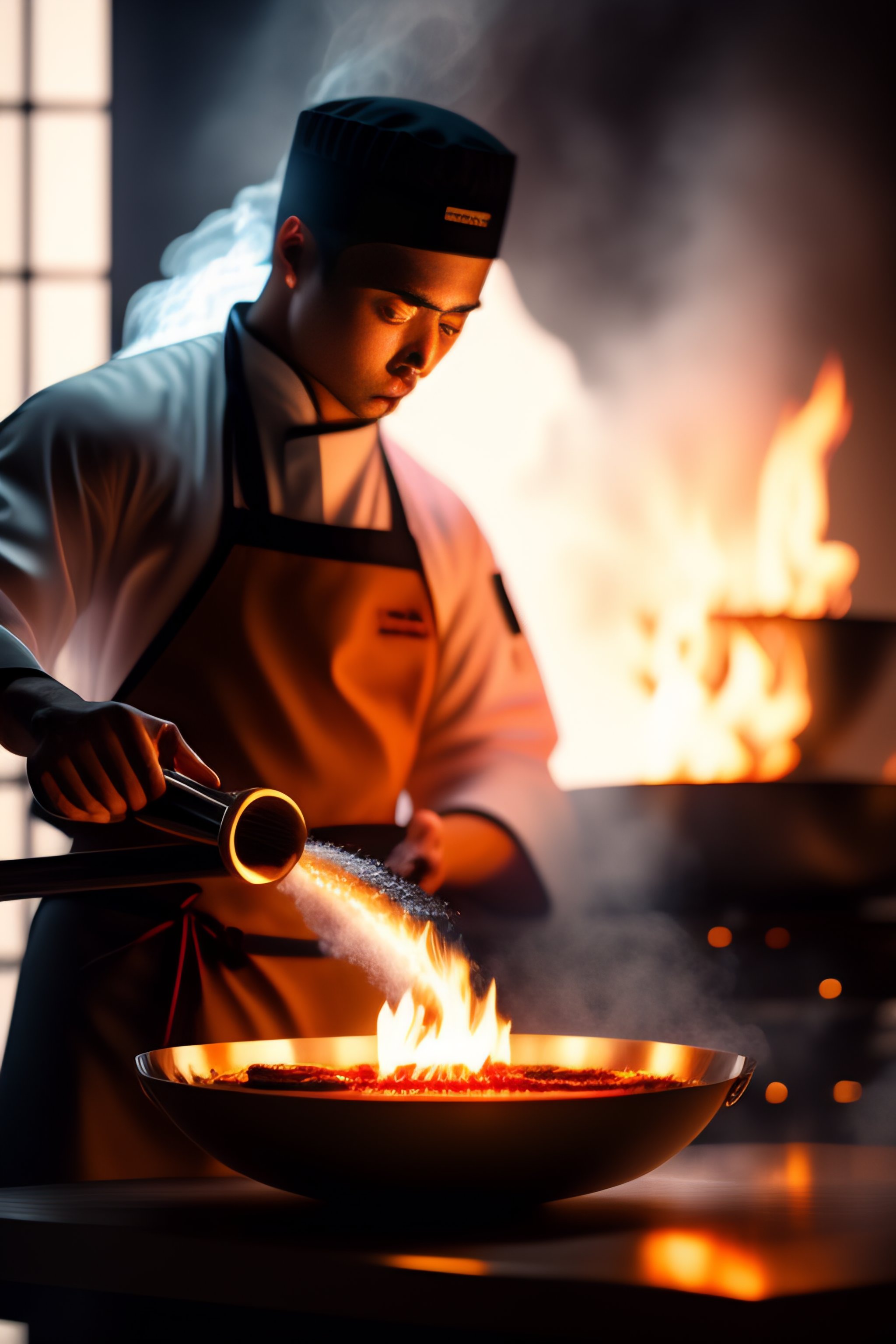 Lexica - Cheff with white clothes, cooking in teppanyaki table with ...
