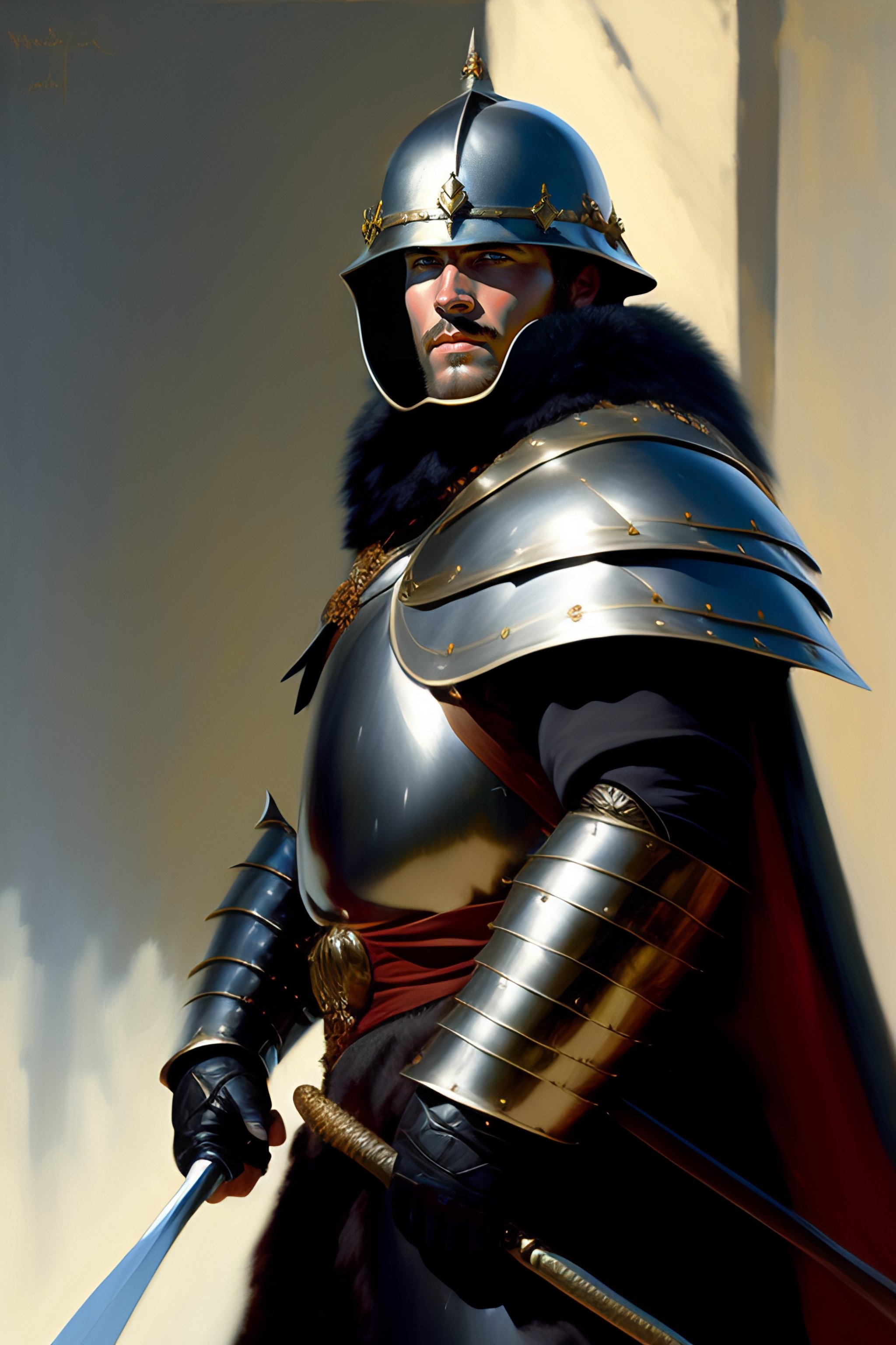 Lexica - Action shot of a man in dark grey banded mail armor, fur armor ...