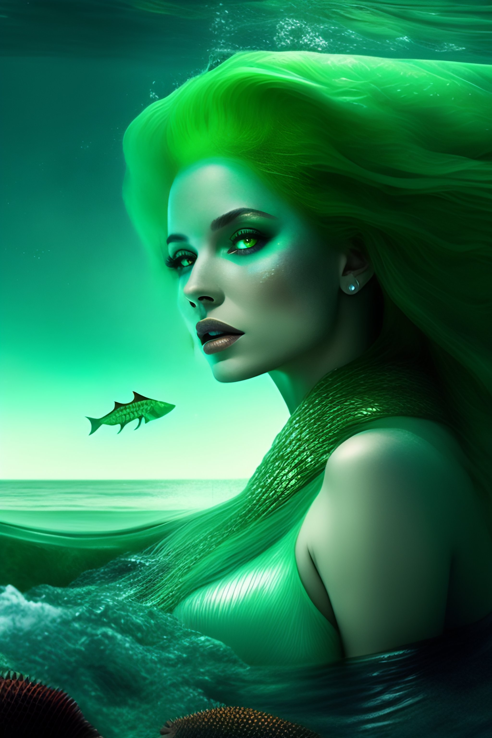 Lexica - Horrifying Fish-like Mermaid with green hair and slimy scales ...