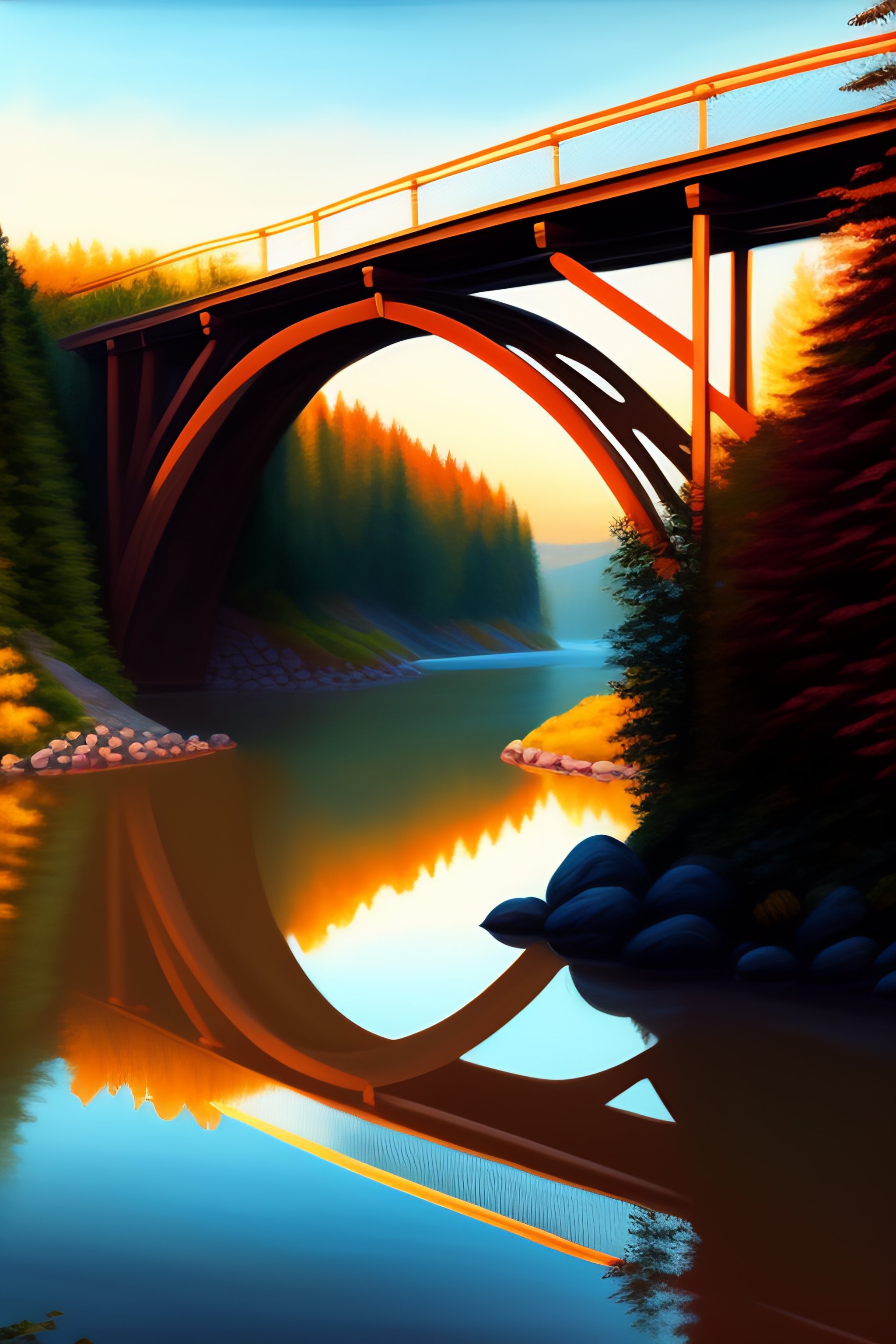 Lexica - Hi res retro bridge over river in oil painting style