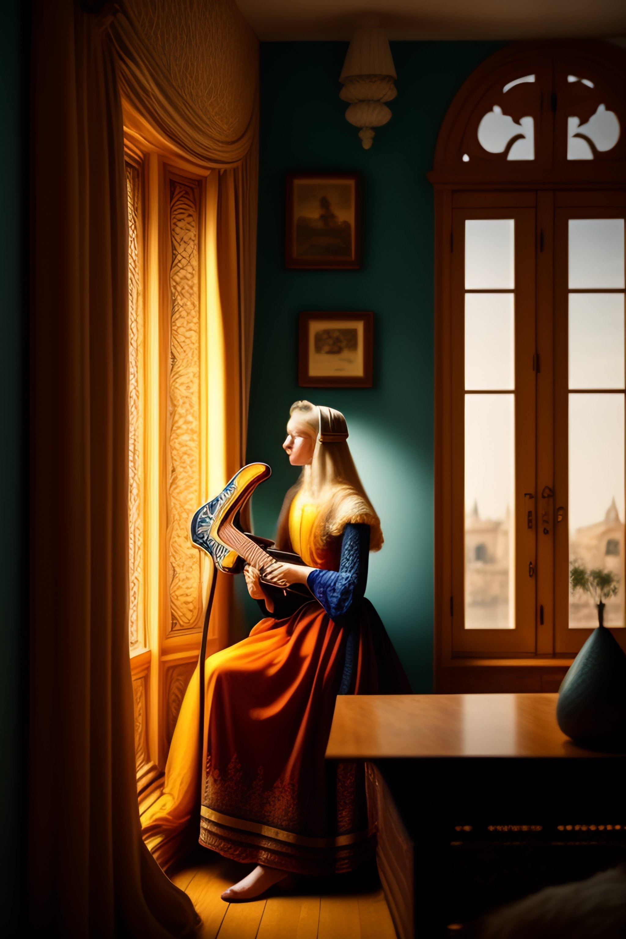 Lexica - Young lady playing lute, blond hair, window on her right ...