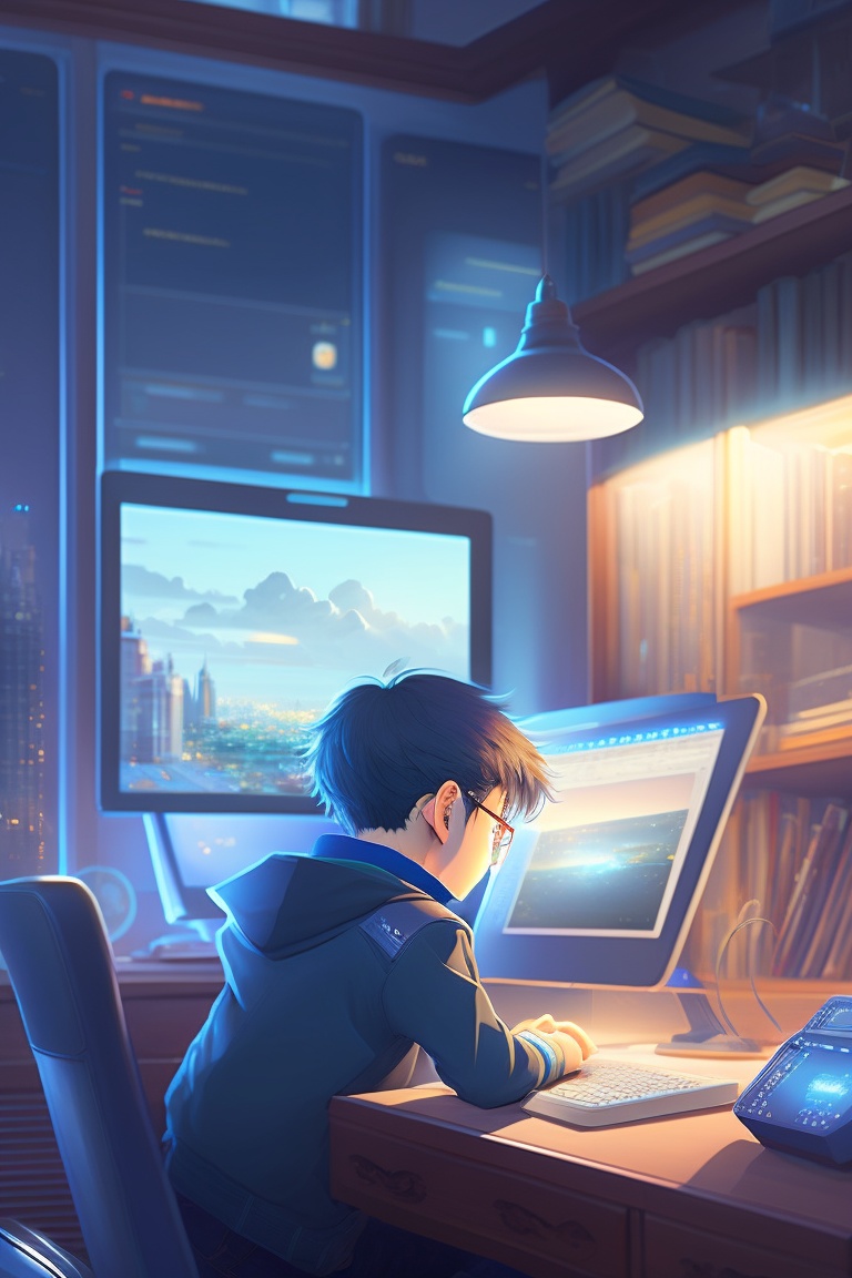 Lexica - A nerdy boy is programming at a computer in a room full of ...