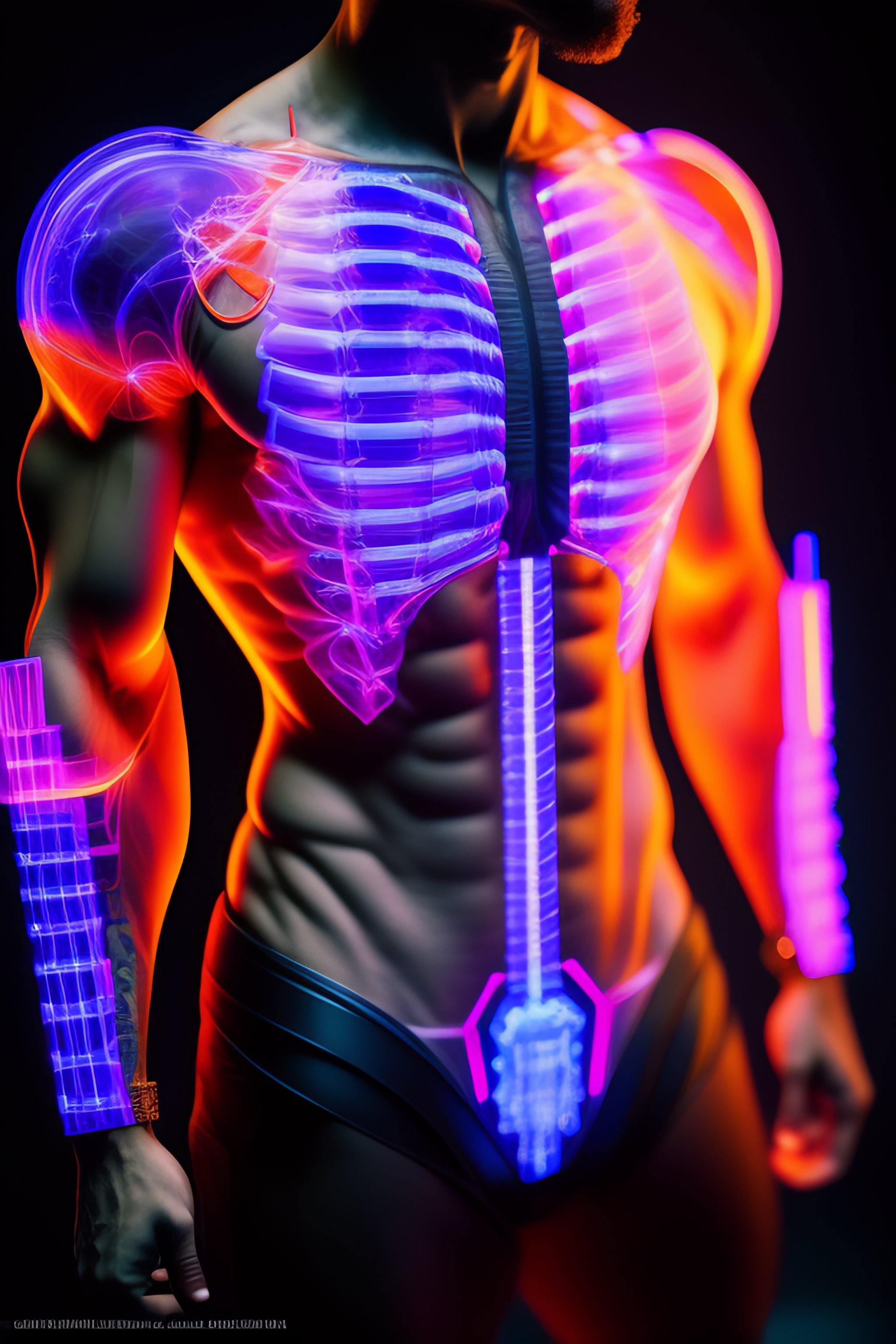 Lexica - Cyberpunk anime X-ray of a man's chest with metal threads inside