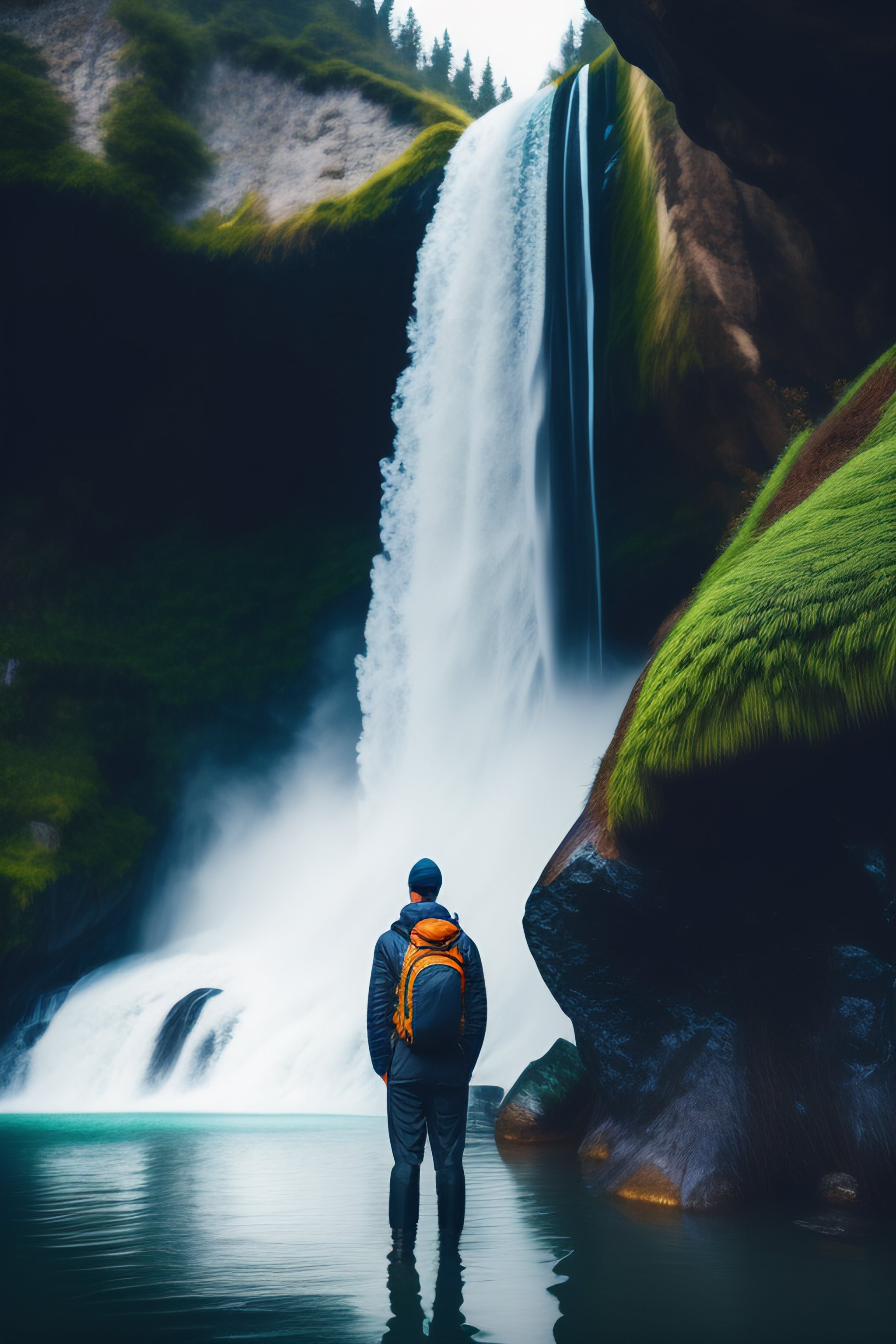 Lexica - Person standing still in a waterfall taking a picture