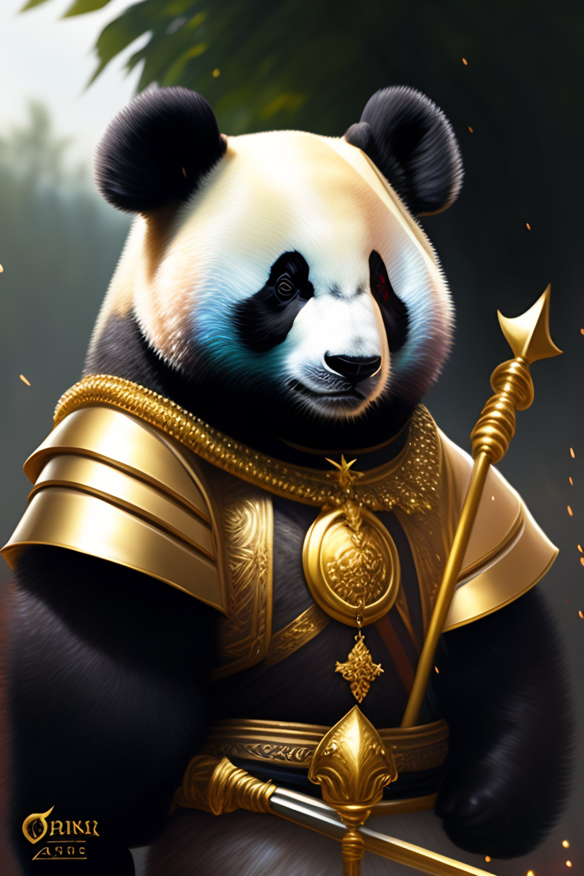 Lexica - Baby panda bear with crown and golden sword, bloody eyes, by ...