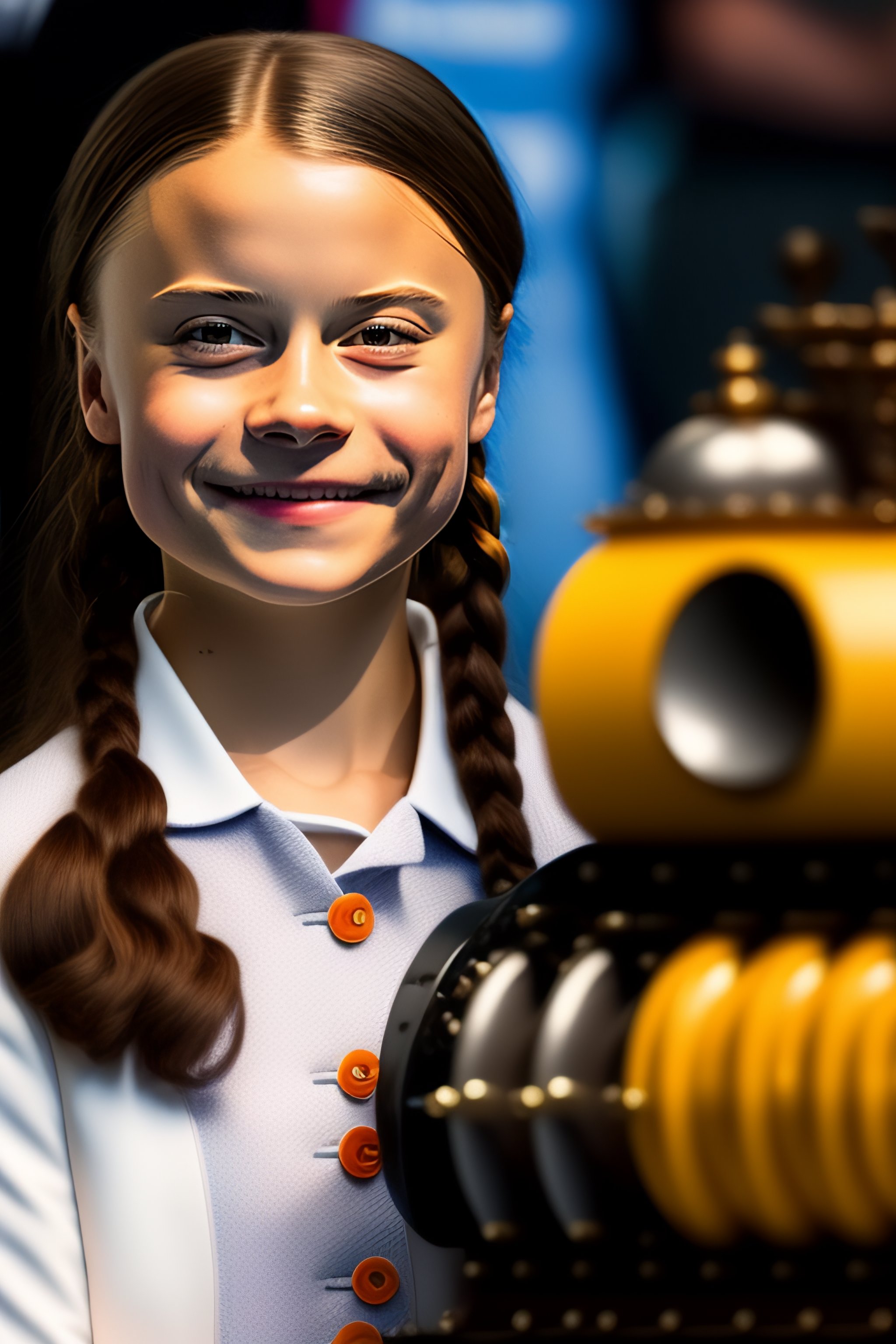 Lexica - Smiling greta thunberg holding a engine