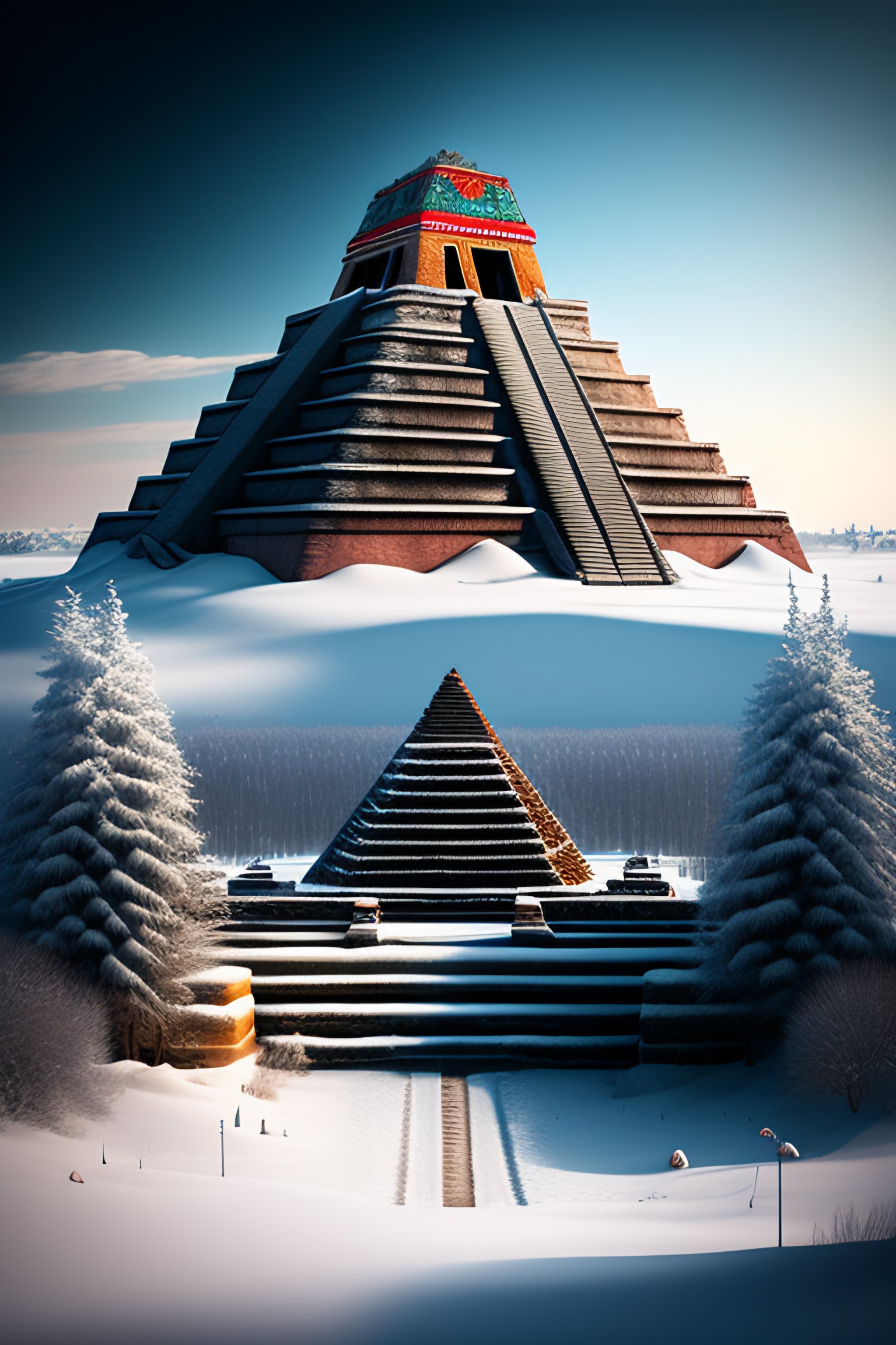 Lexica - Ancient Aztec pyramid in the snow realistic clowdy day photo ...