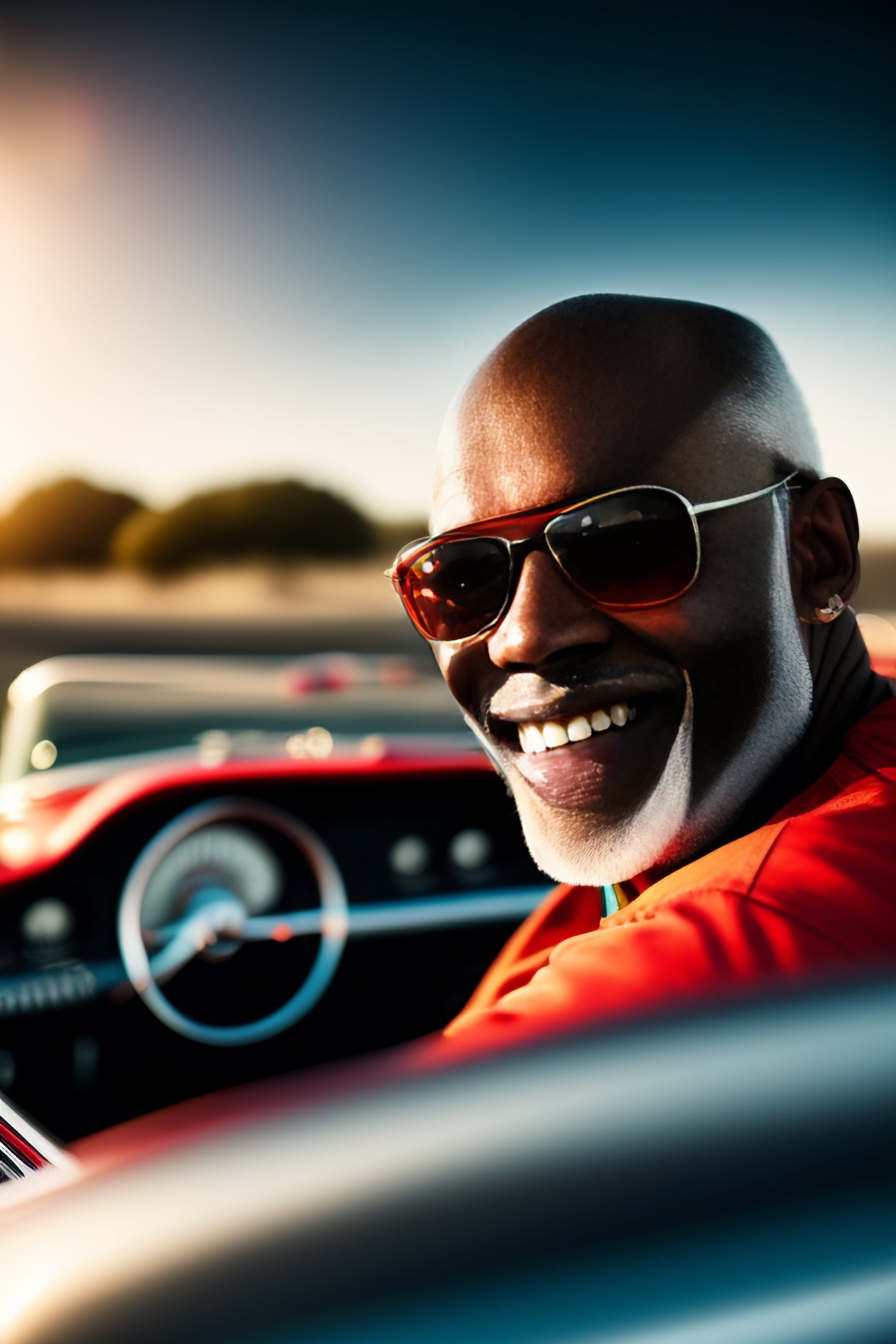 Lexica - Old bald black man with a grey beard, driving a red 1960 ...