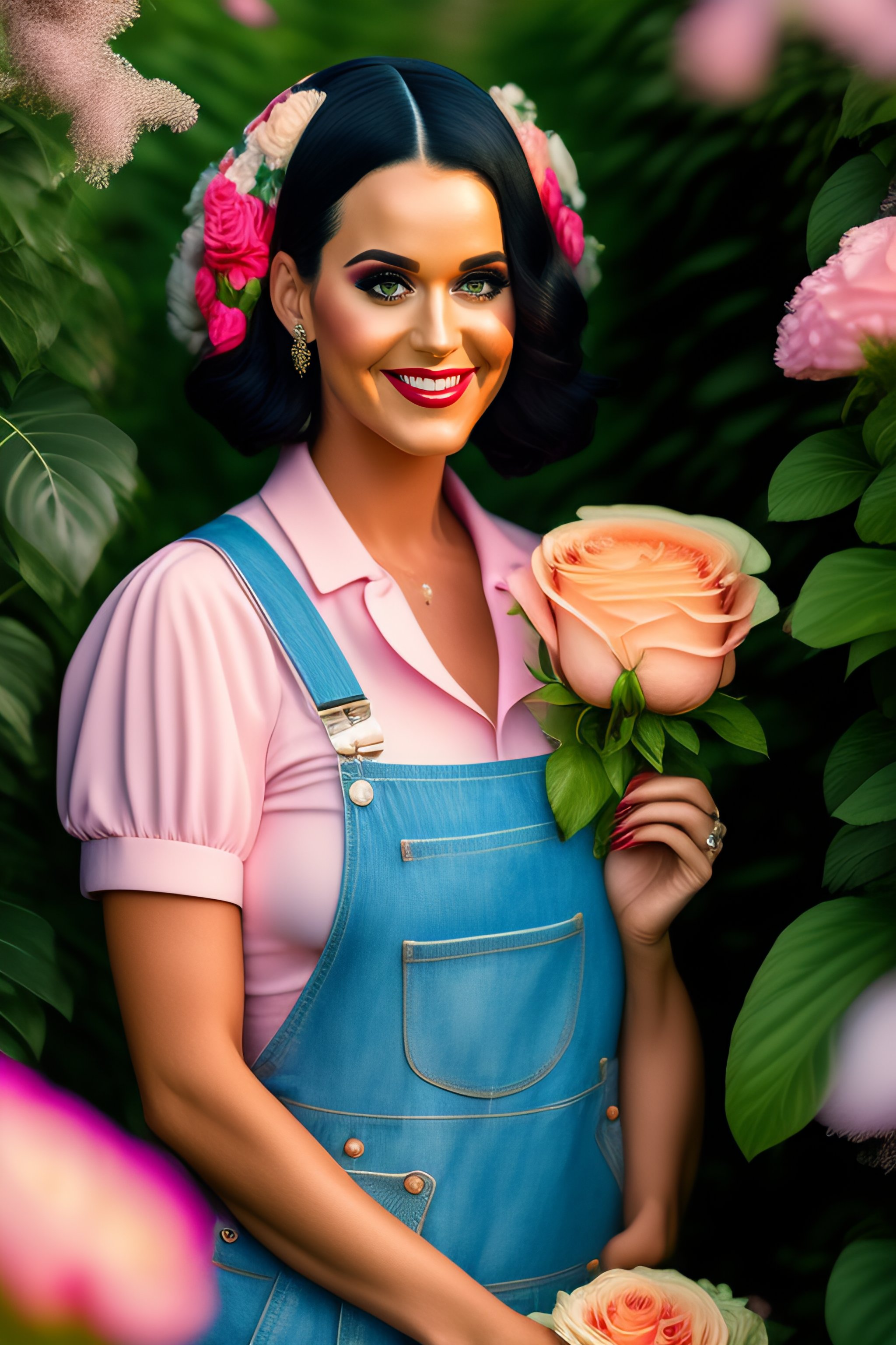 Lexica - Portrait of a katy perry gardener wearing overalls inside a ...