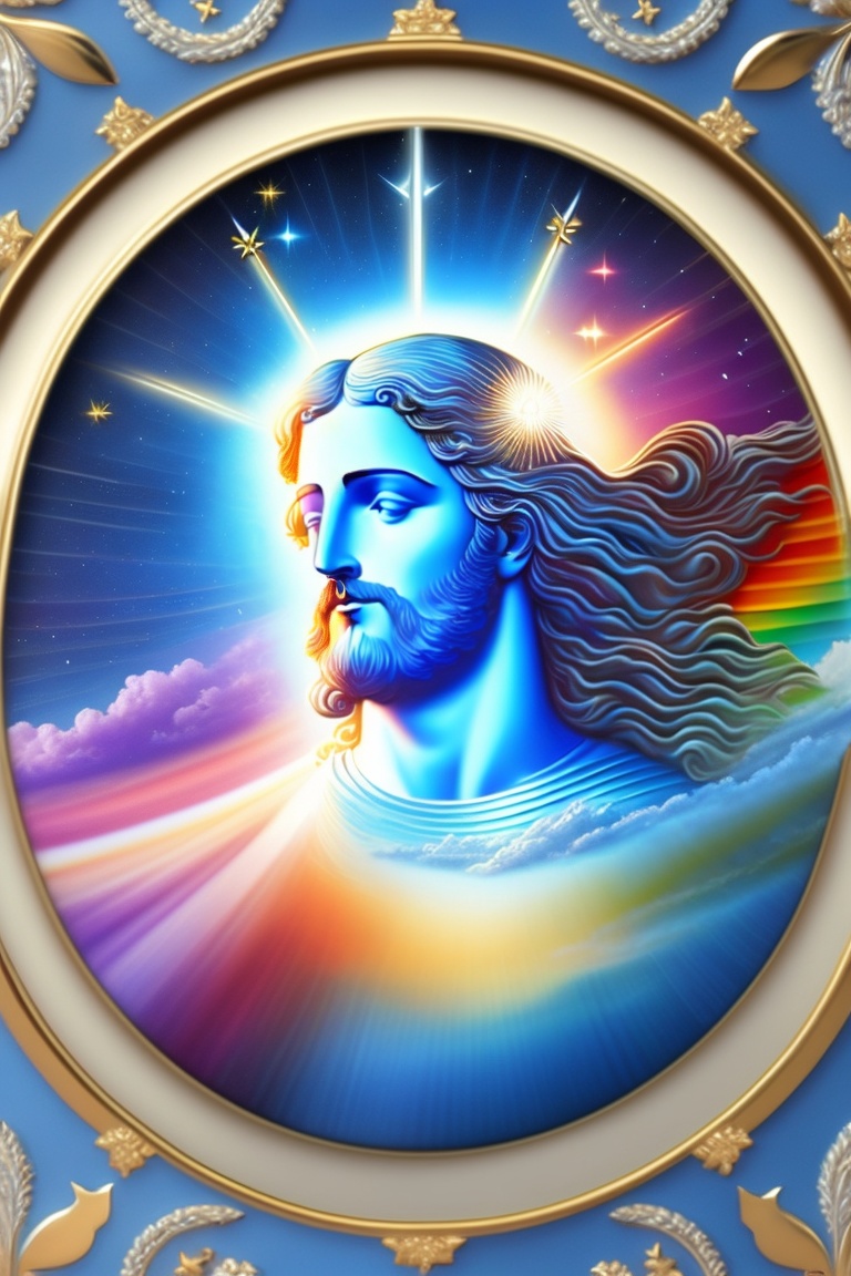 Lexica - Jesus in blue sky, with rainbows overhead, crown on head ...