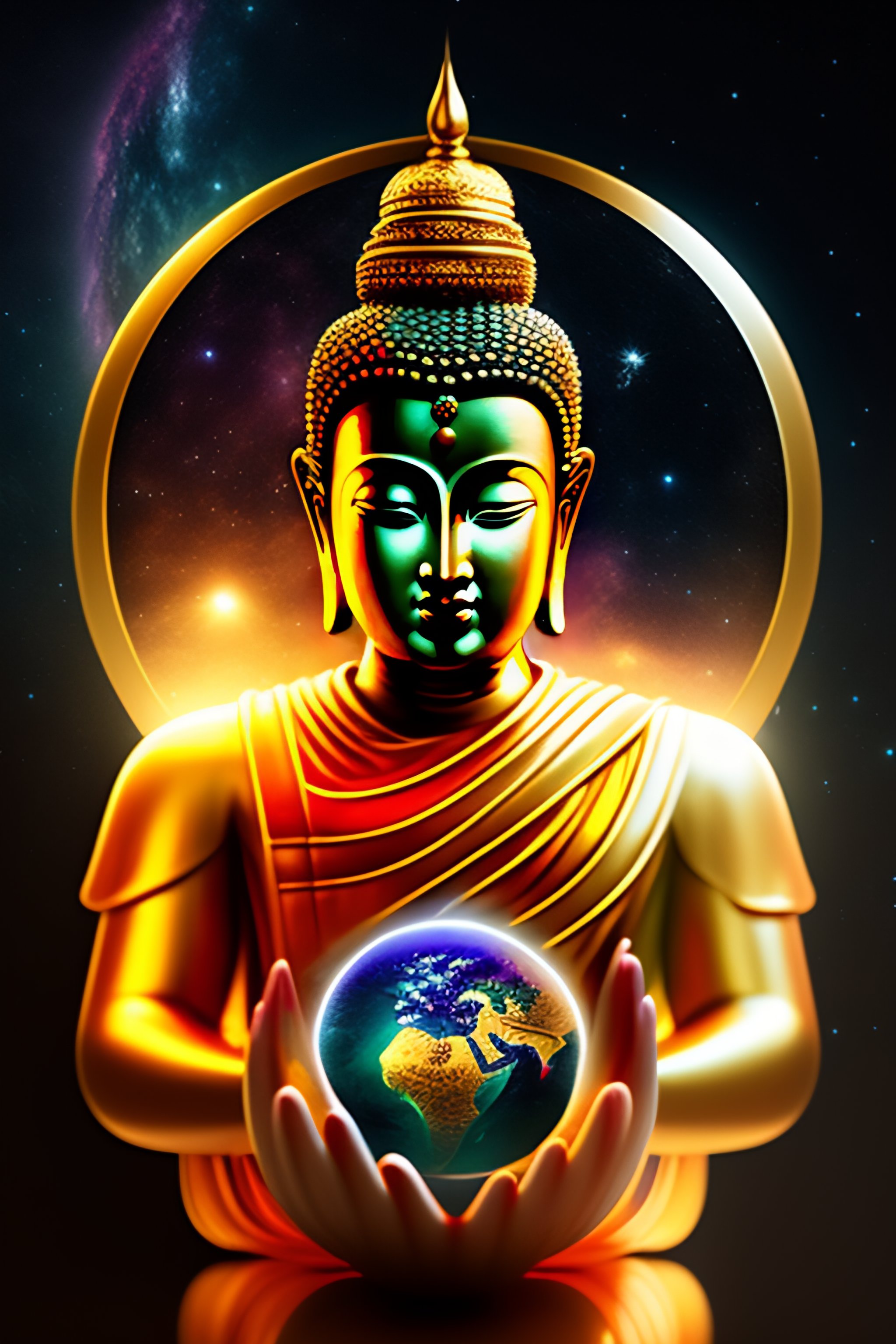 Lexica - Light Buddha shows his images of the galaxy and holds the ...