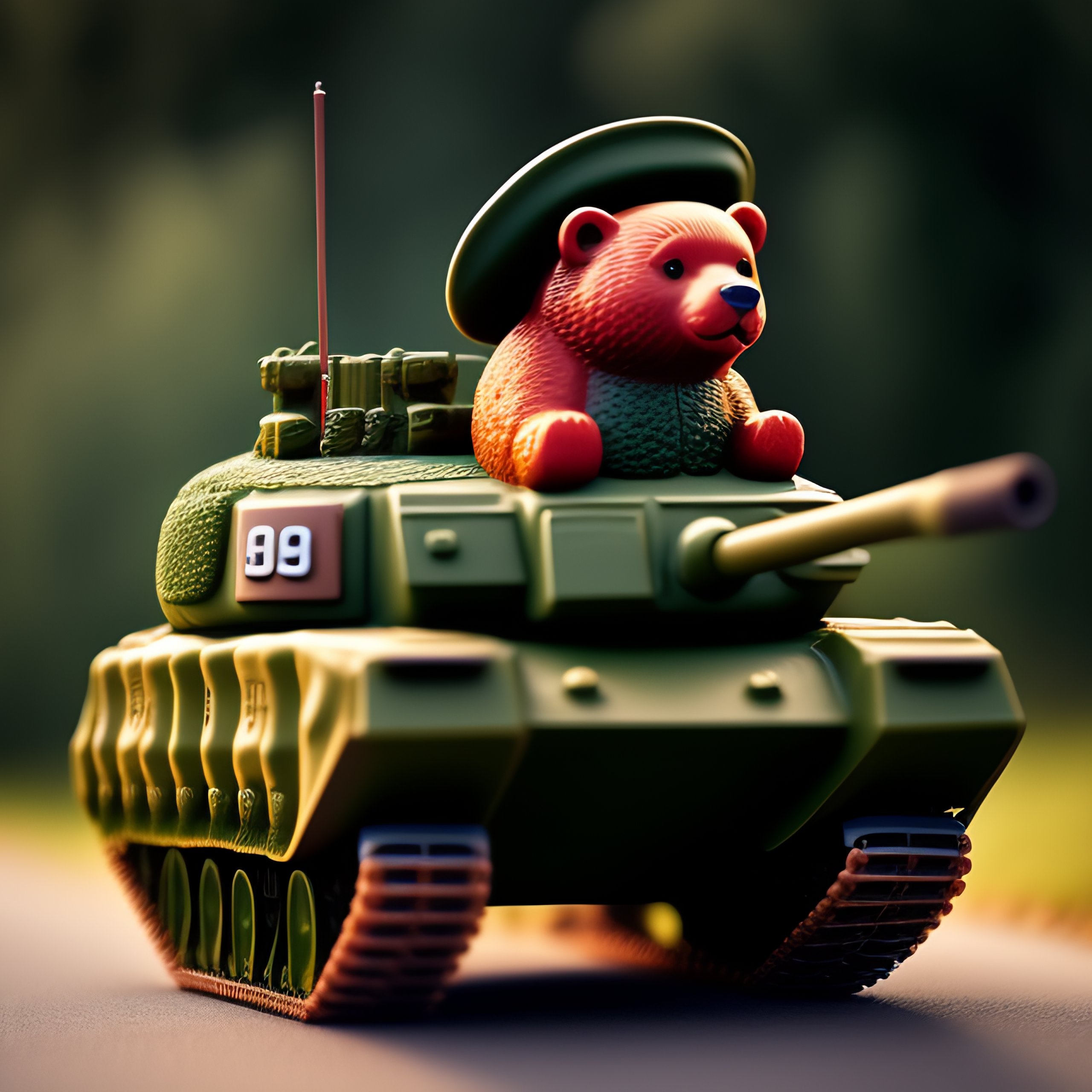 Lexica - Gummy bear, wearing military hat, riding a tank