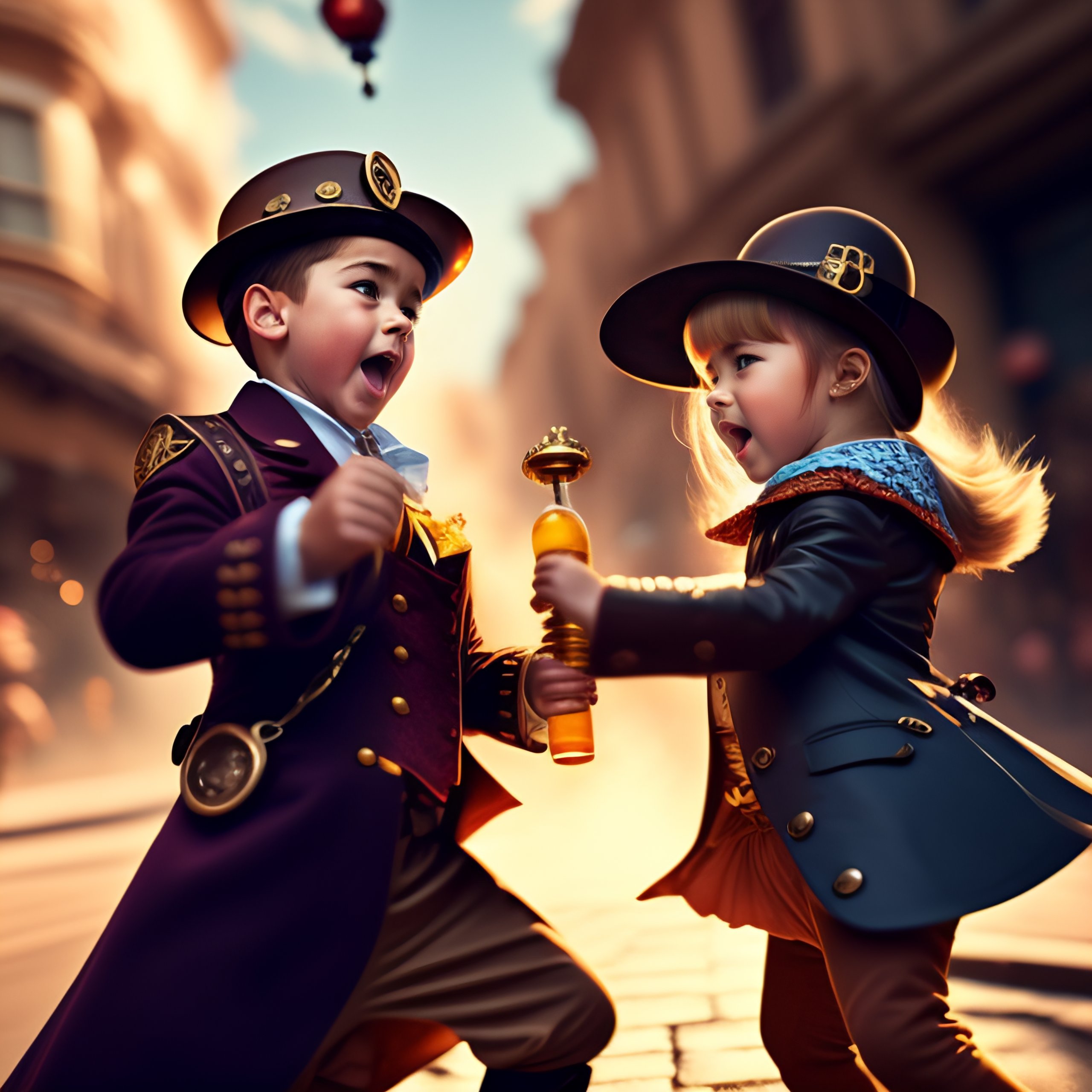 Lexica - Cute steampunk kids fighting in a steampunk street, happy ...