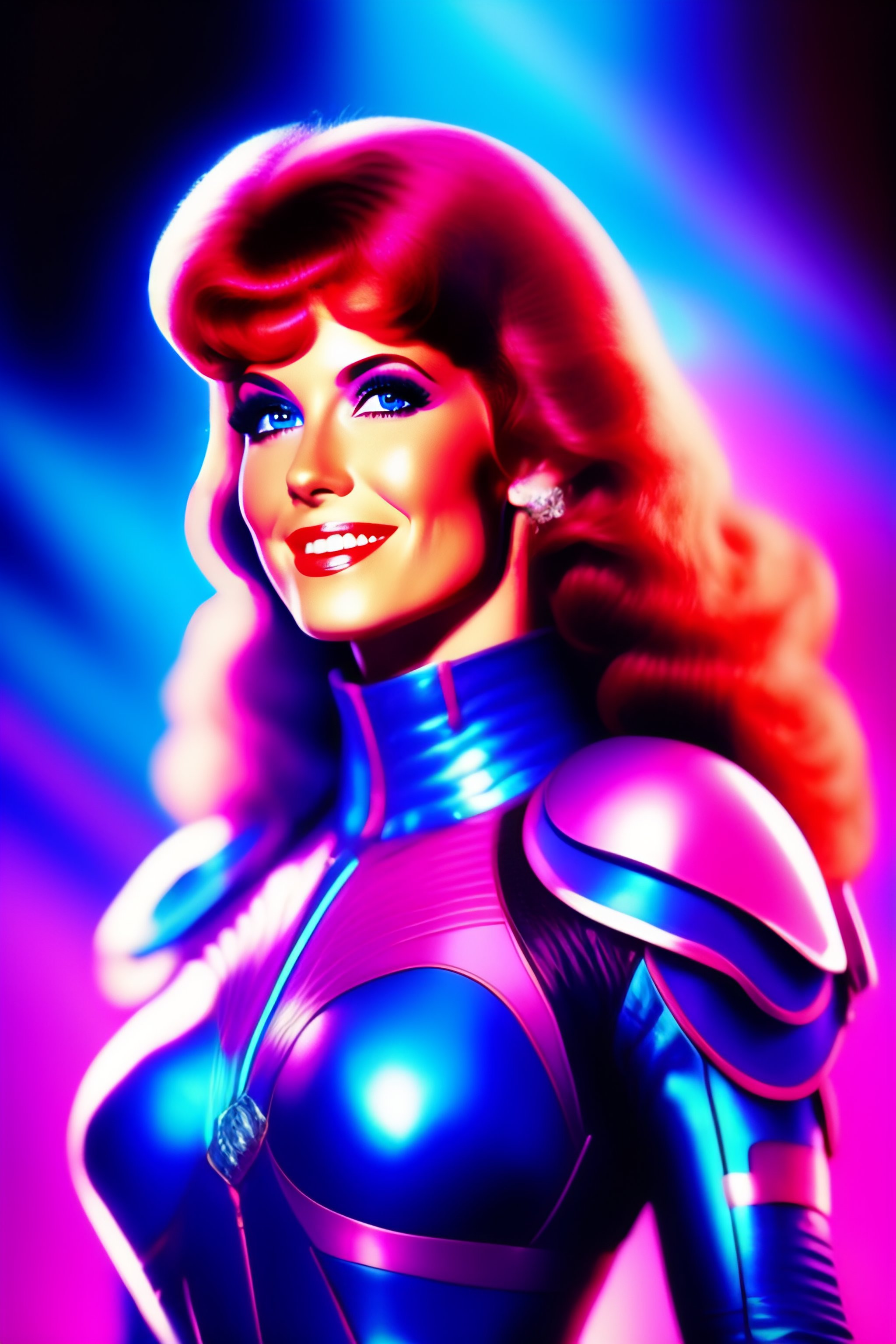 Lexica - Metroid woman smiling, BLUE and magenta colors background, in ...