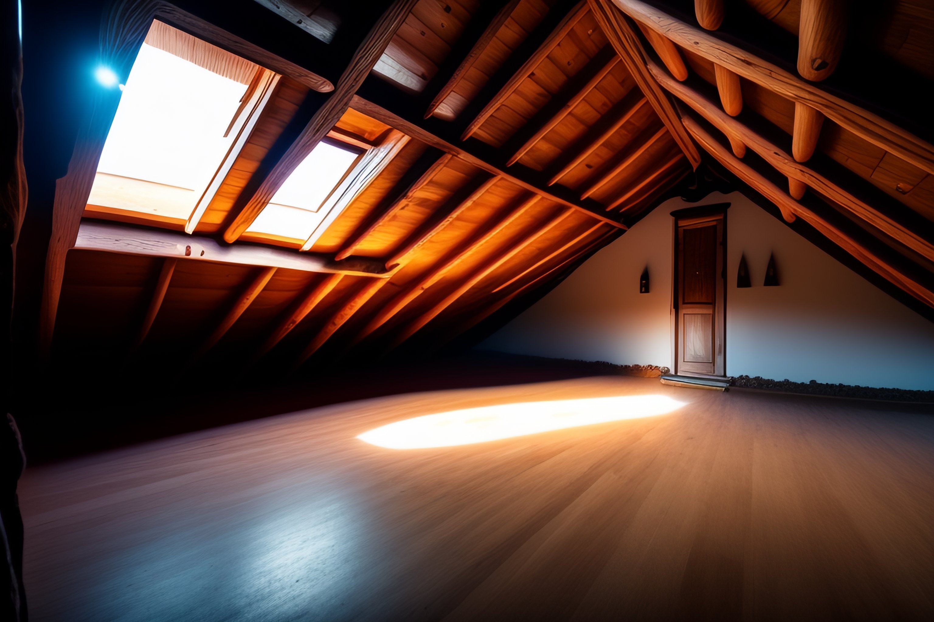 Lexica - Wide angle shot of an old spooky attic. the attic has a 2 feet ...
