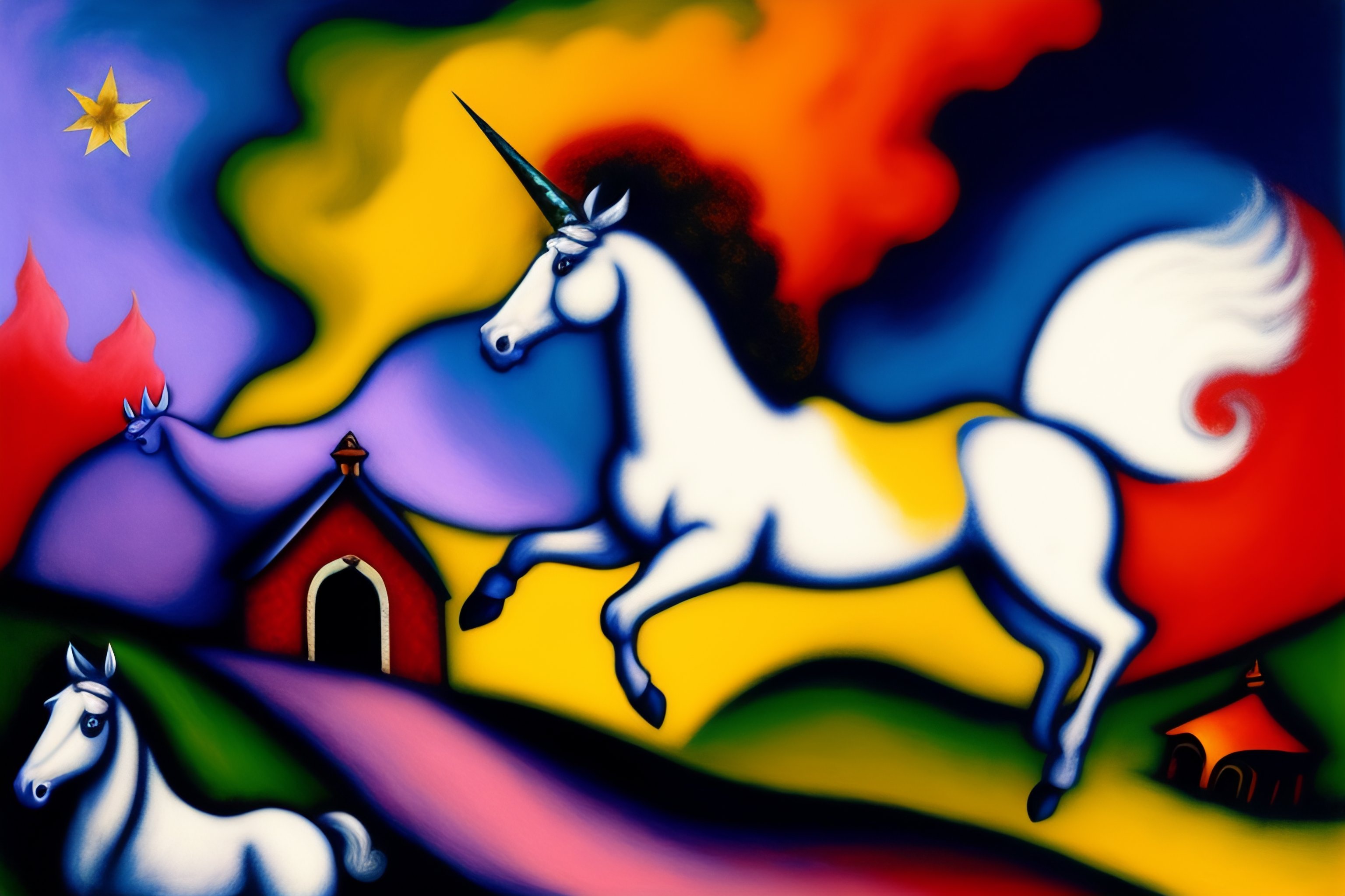 Lexica - Marc chagall painting of flying winged unicorns over a burning ...