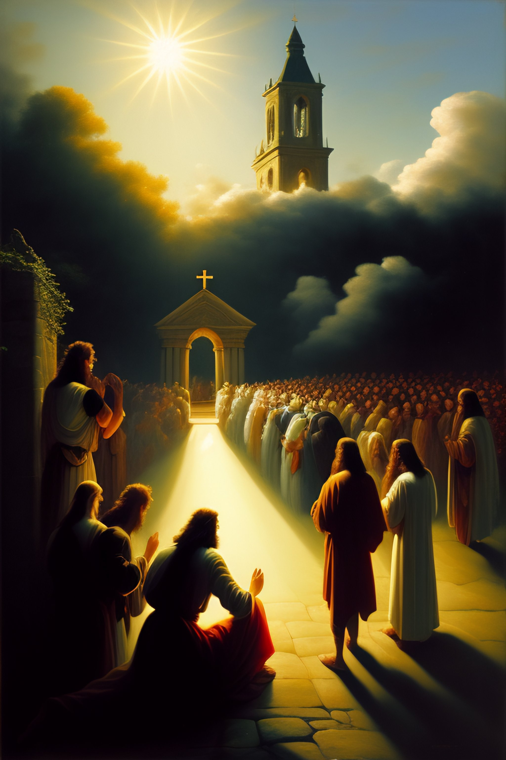 Lexica - In the center of the scene, there is a figure of Christ seated ...