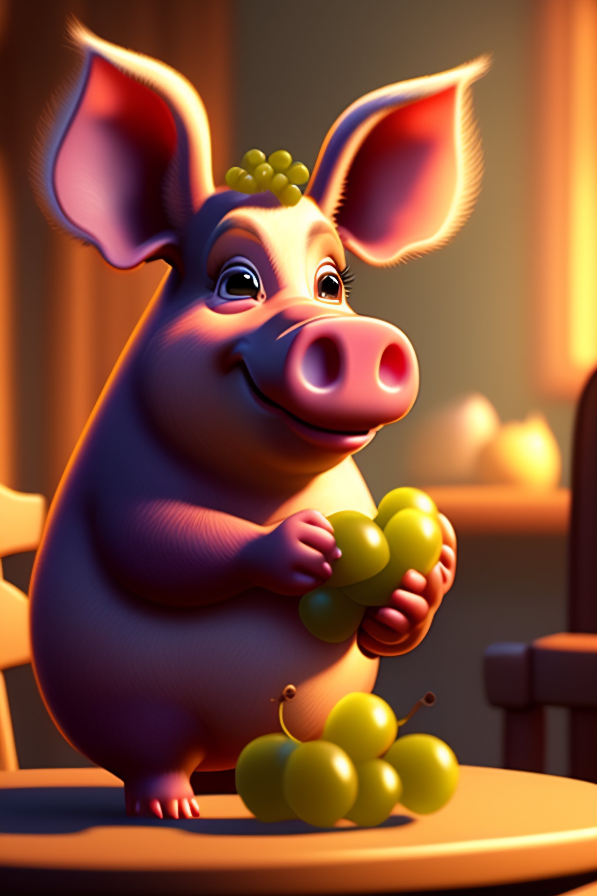 Lexica - Pixar art of a funny smiling pig eating some grapes sitting ...