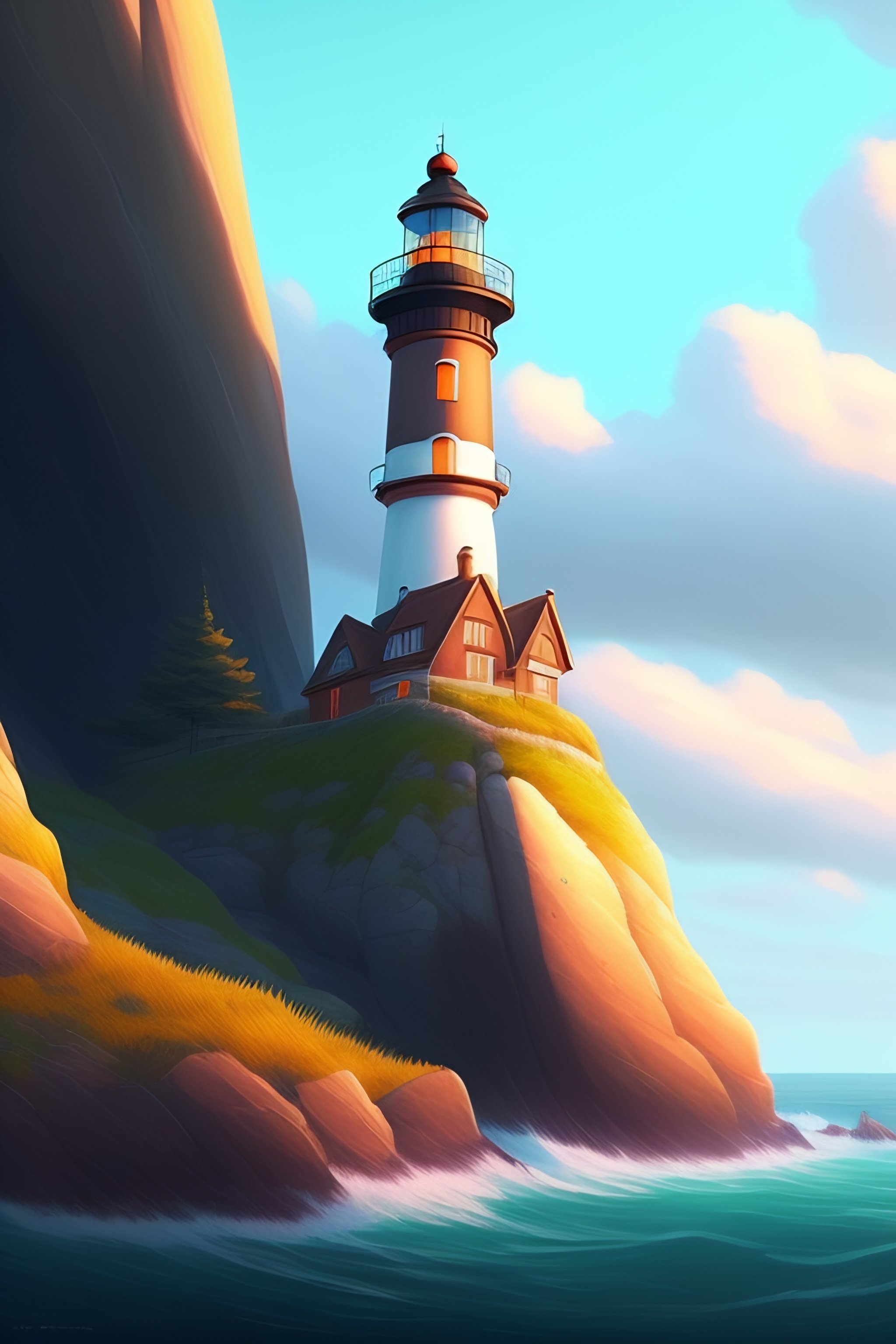 Lexica - Beautiful cute cozy lighthouse by the sea, golden warm light ...