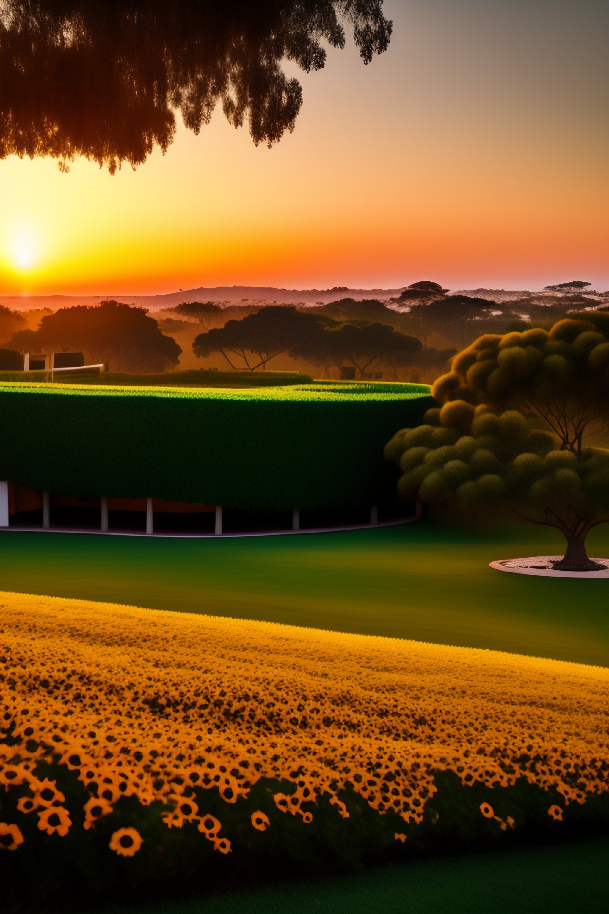 Lexica - Casa de campo con flores amaca y puesta de sol al atardecer