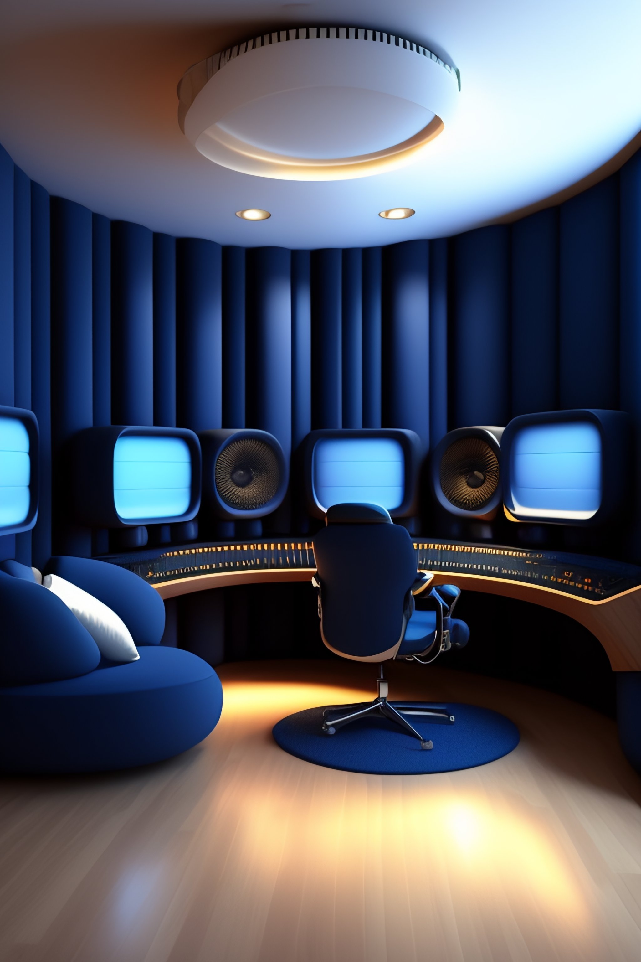 Lexica - Futuristic homey cozy recording studio dark blue interior design
