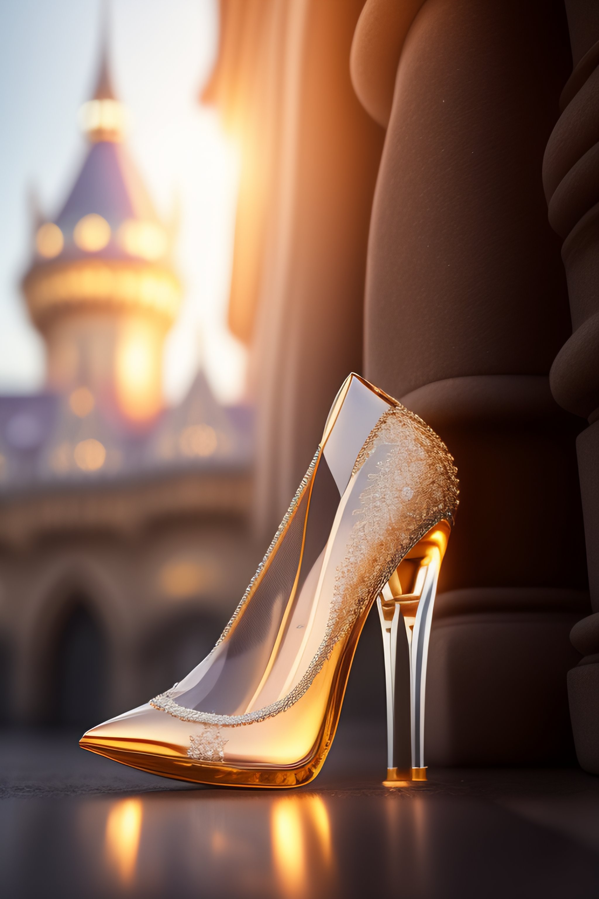 Lexica - Shiny clear intricate high heel shoe in front of a castle, 8k ...
