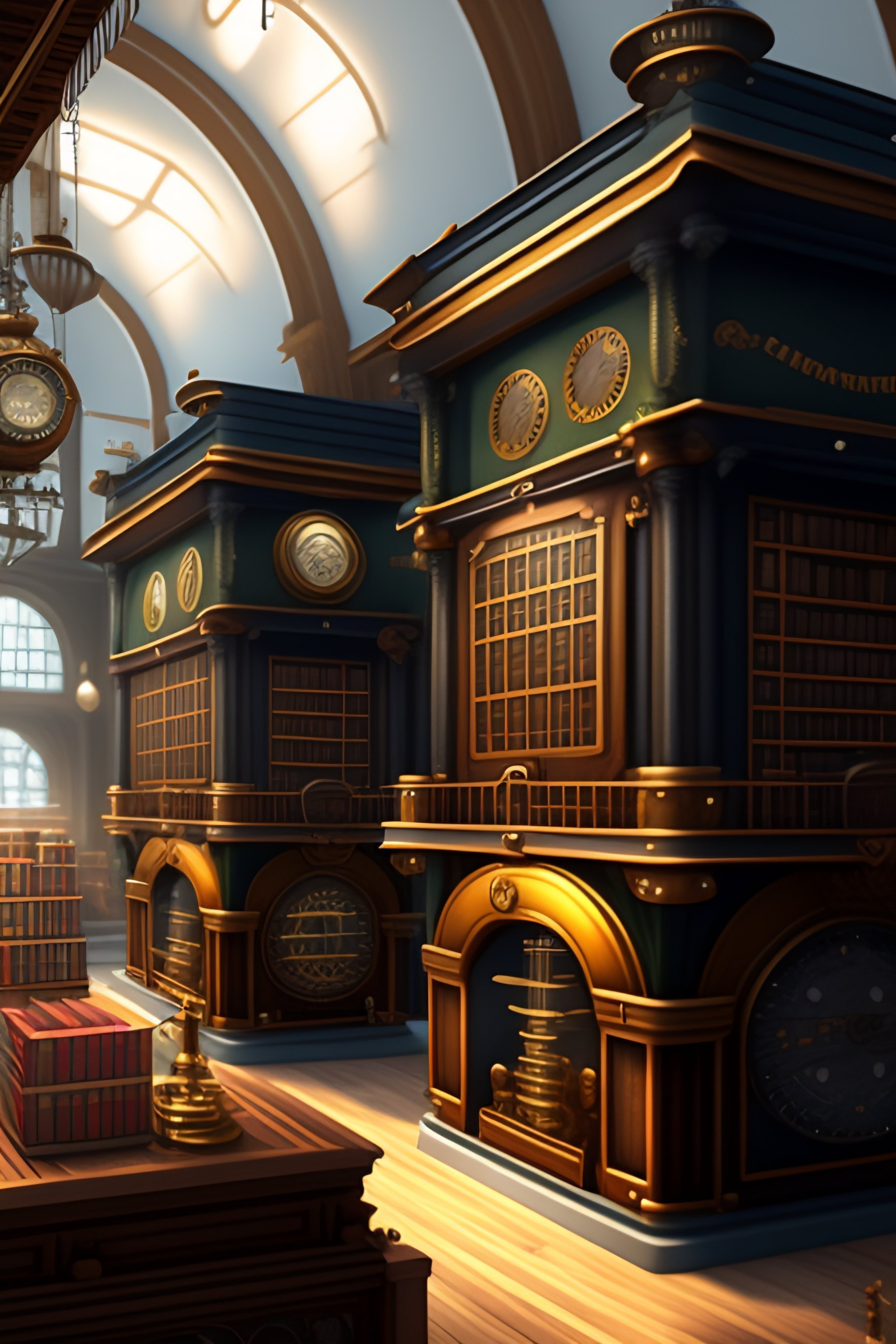 Lexica - A digital illustration of a steampunk library with clockwork ...
