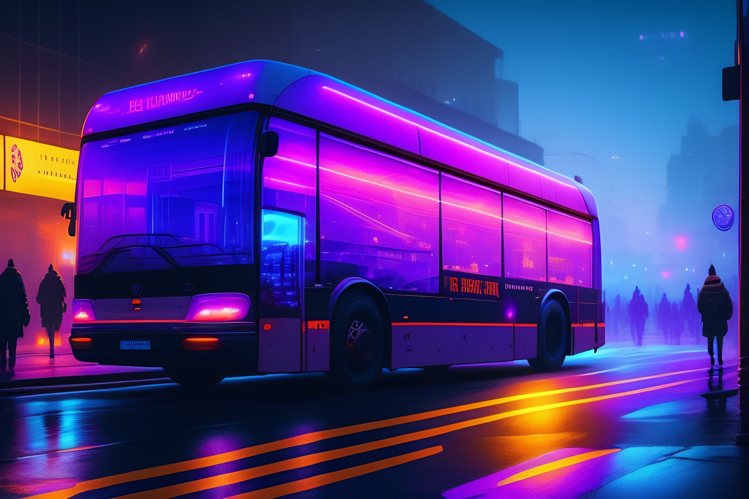 Lexica - A bus full of passengers is driving through a dark, foggy city ...