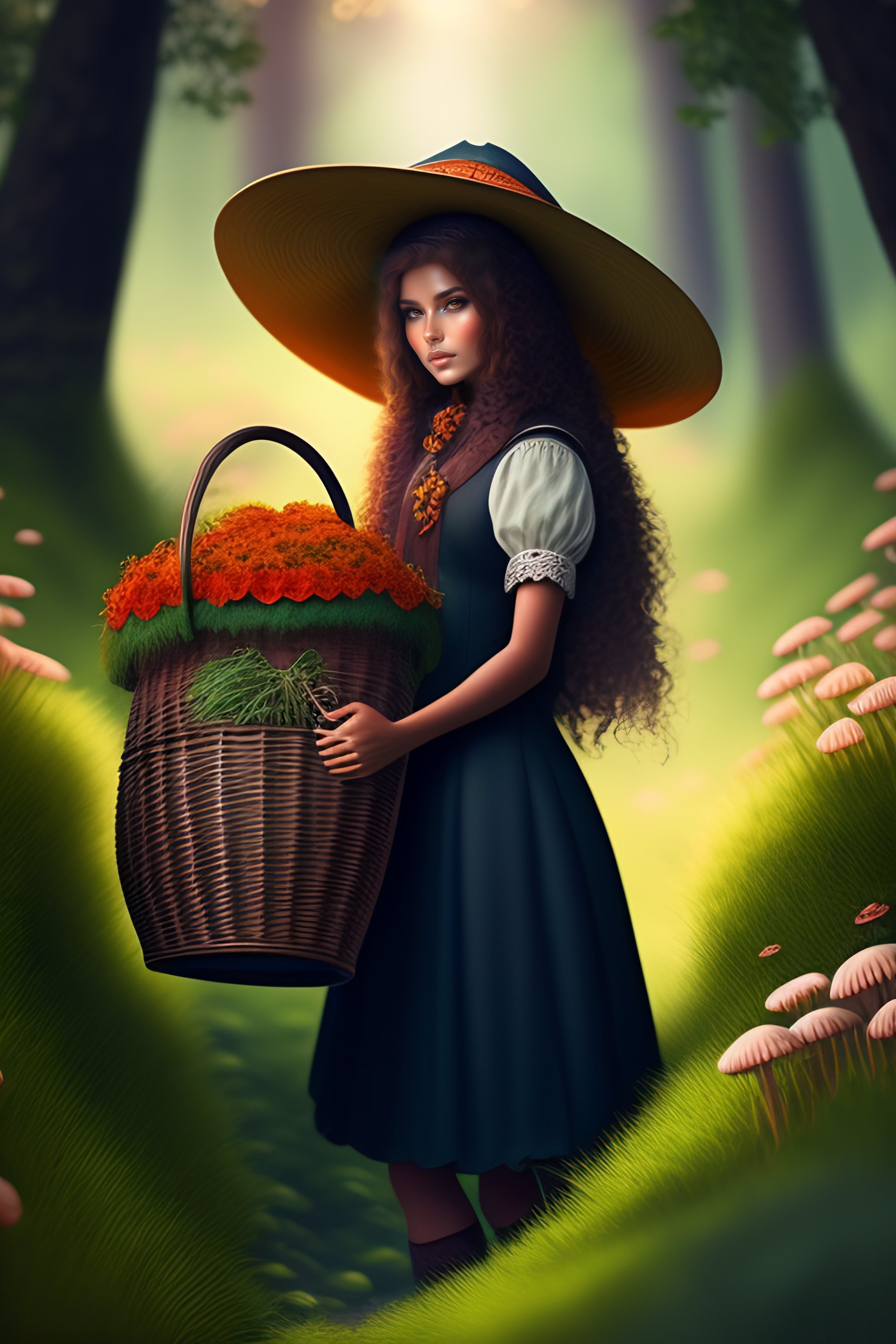 Lexica - Witch girl. mushrooms, flowers, moss, wicker basket ...