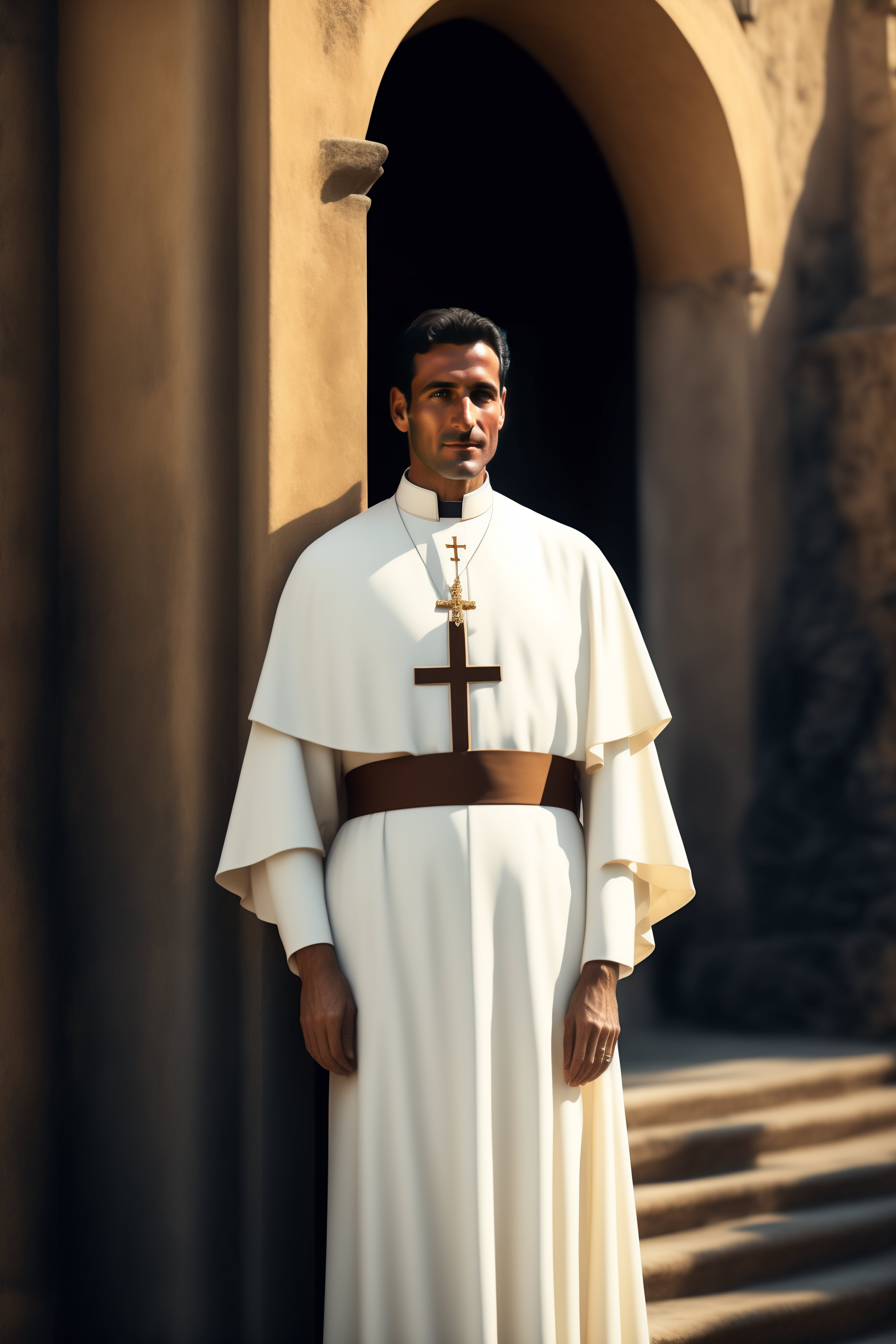 Lexica - Italian priest with short brown hair. Calm. white tunic. With ...