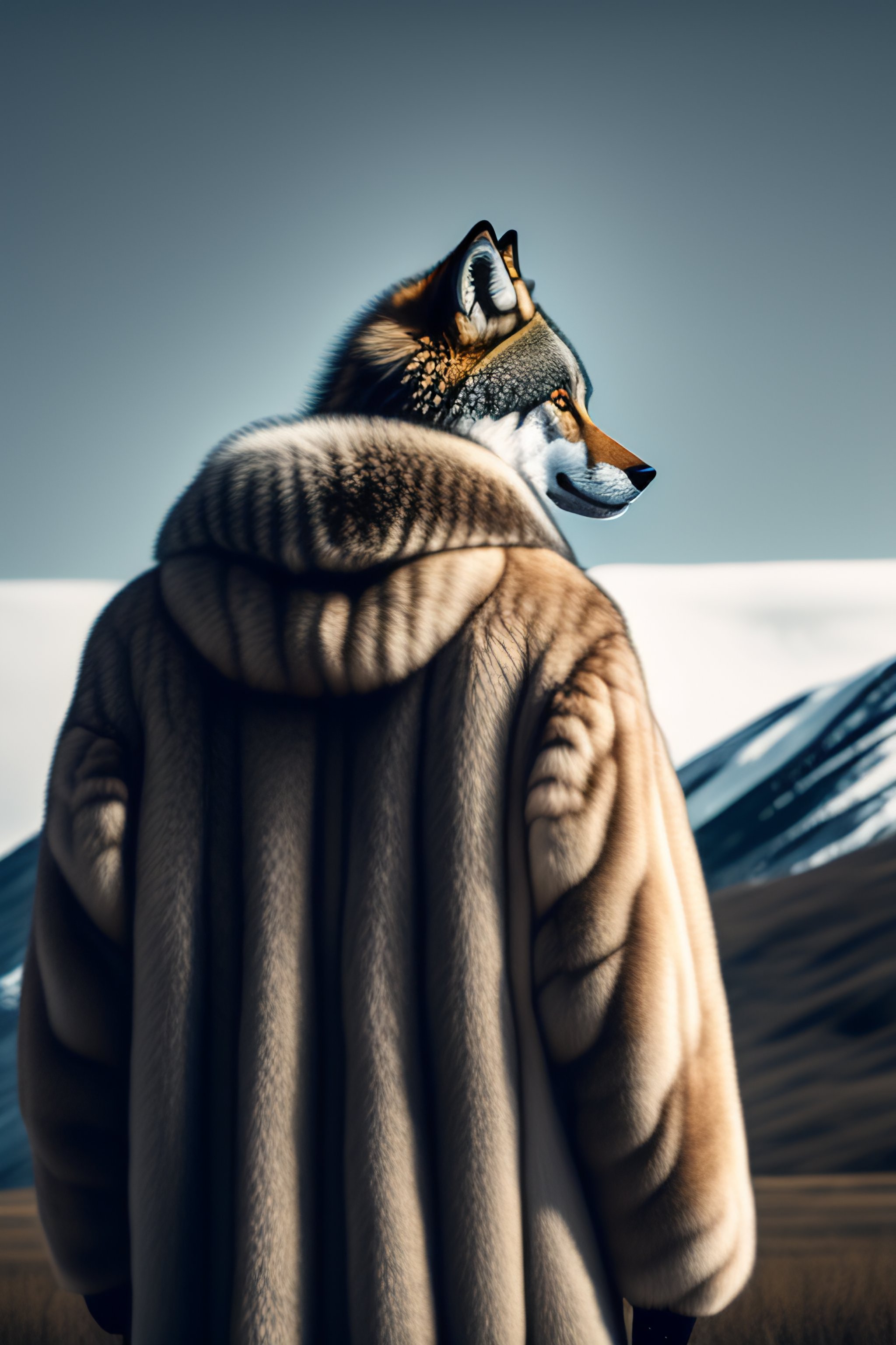 Lexica - Human gray wolf standing facing front wearing a fur coat