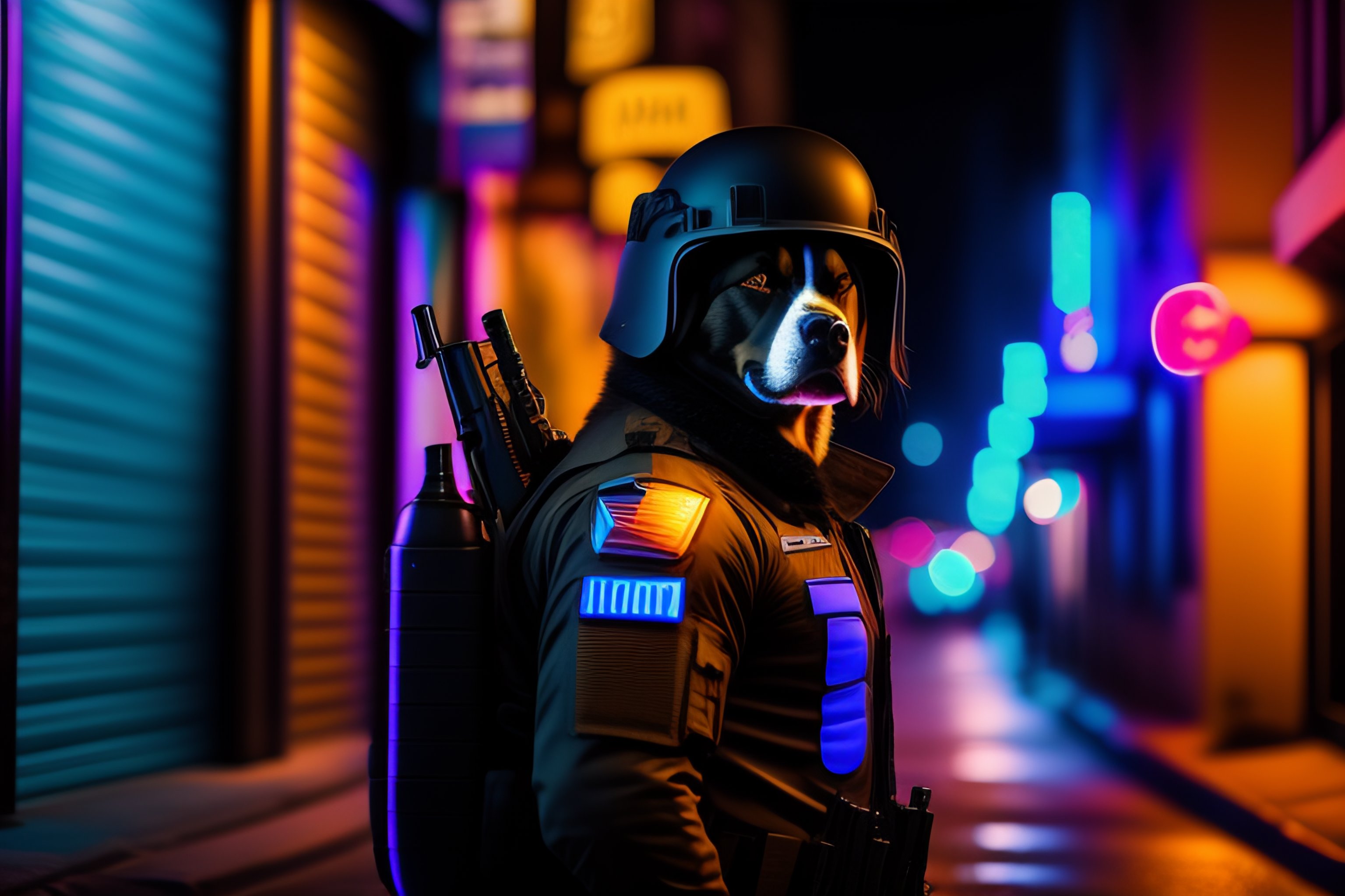 Lexica - Manly dog humanoid in black SWAT suit holding a gun in an ...