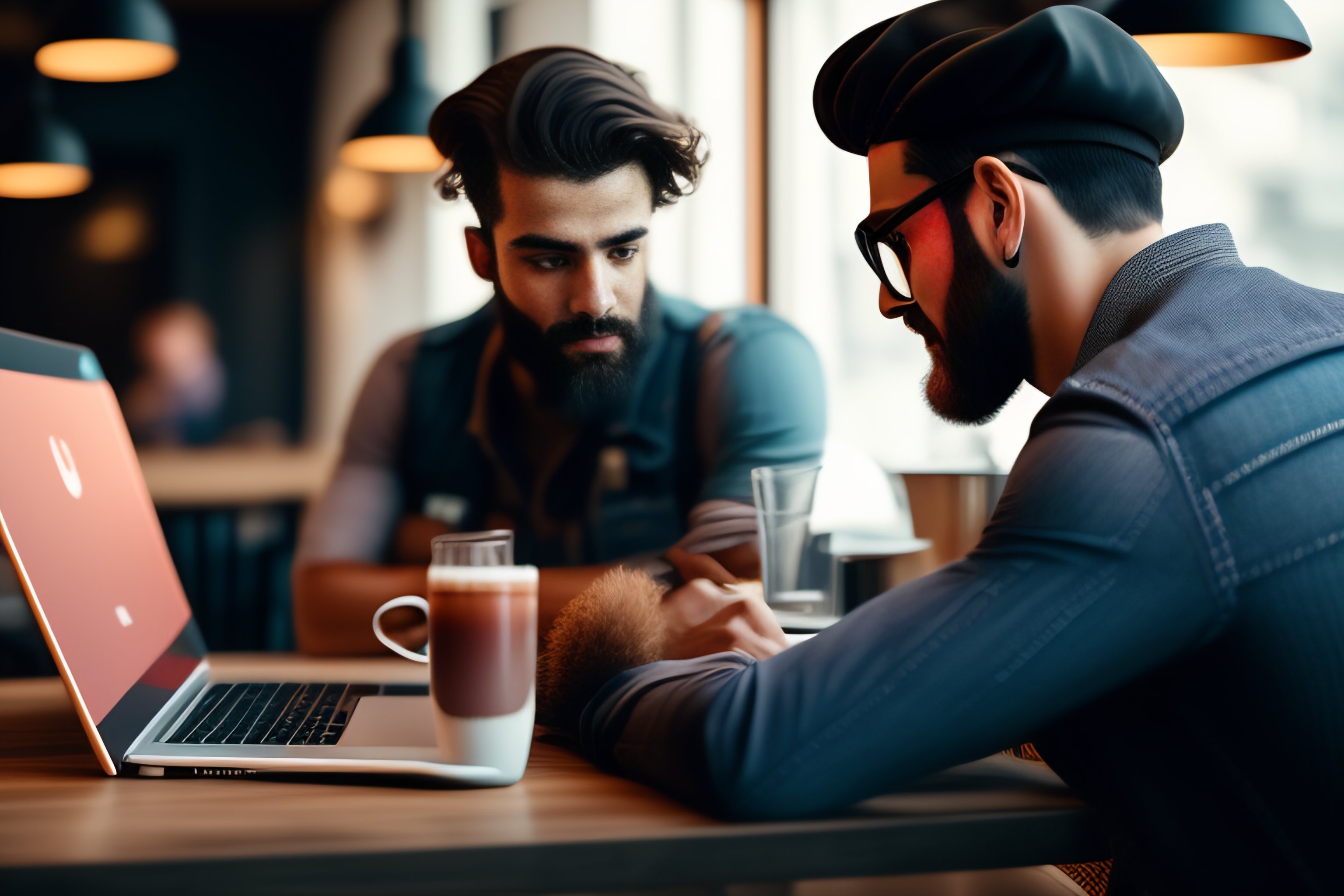 Lexica - Hipsters designers working on laptop in cafe, one is woman