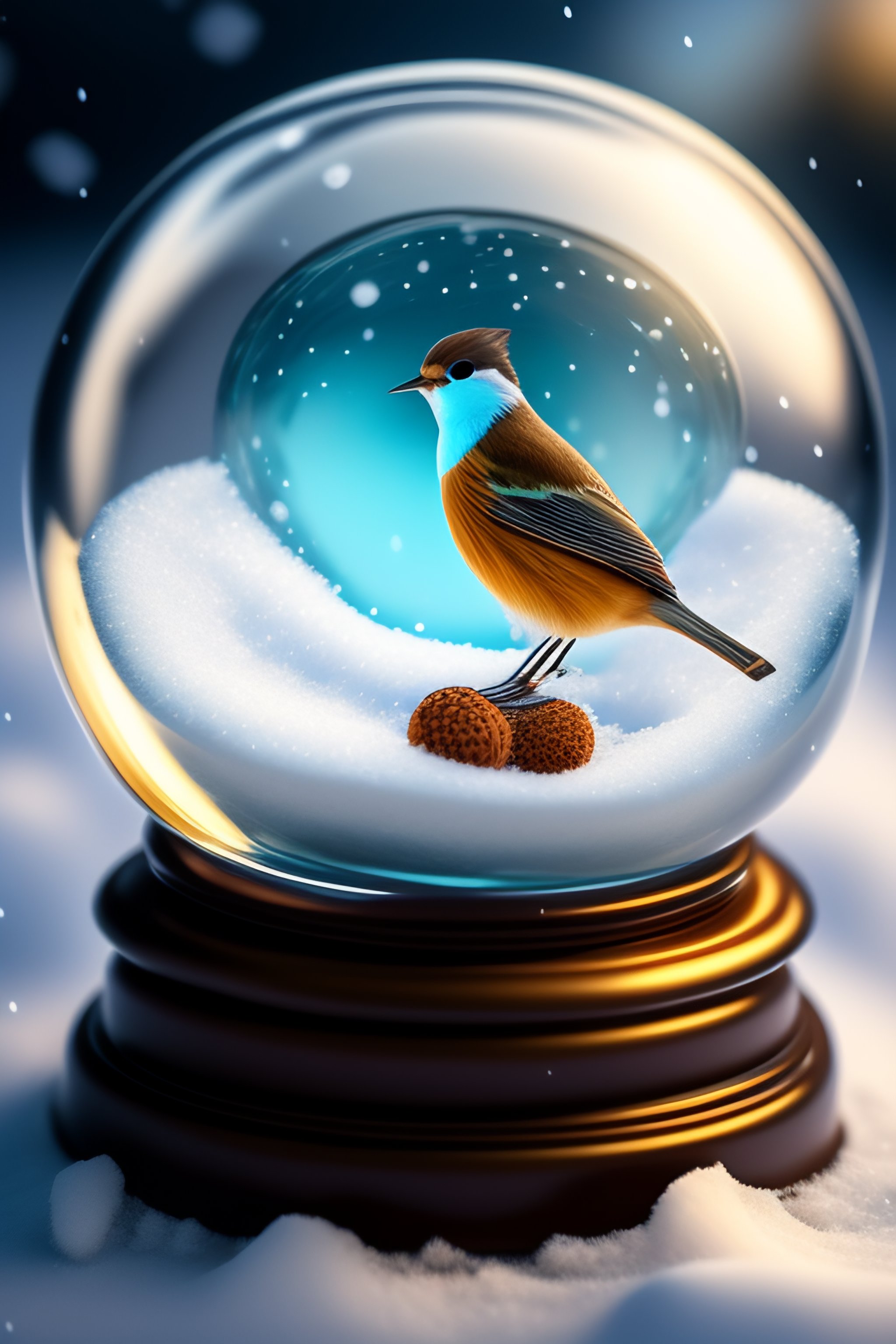 Lexica - Prompt: '[bird with a worm], in snow-globe, natural materials ...