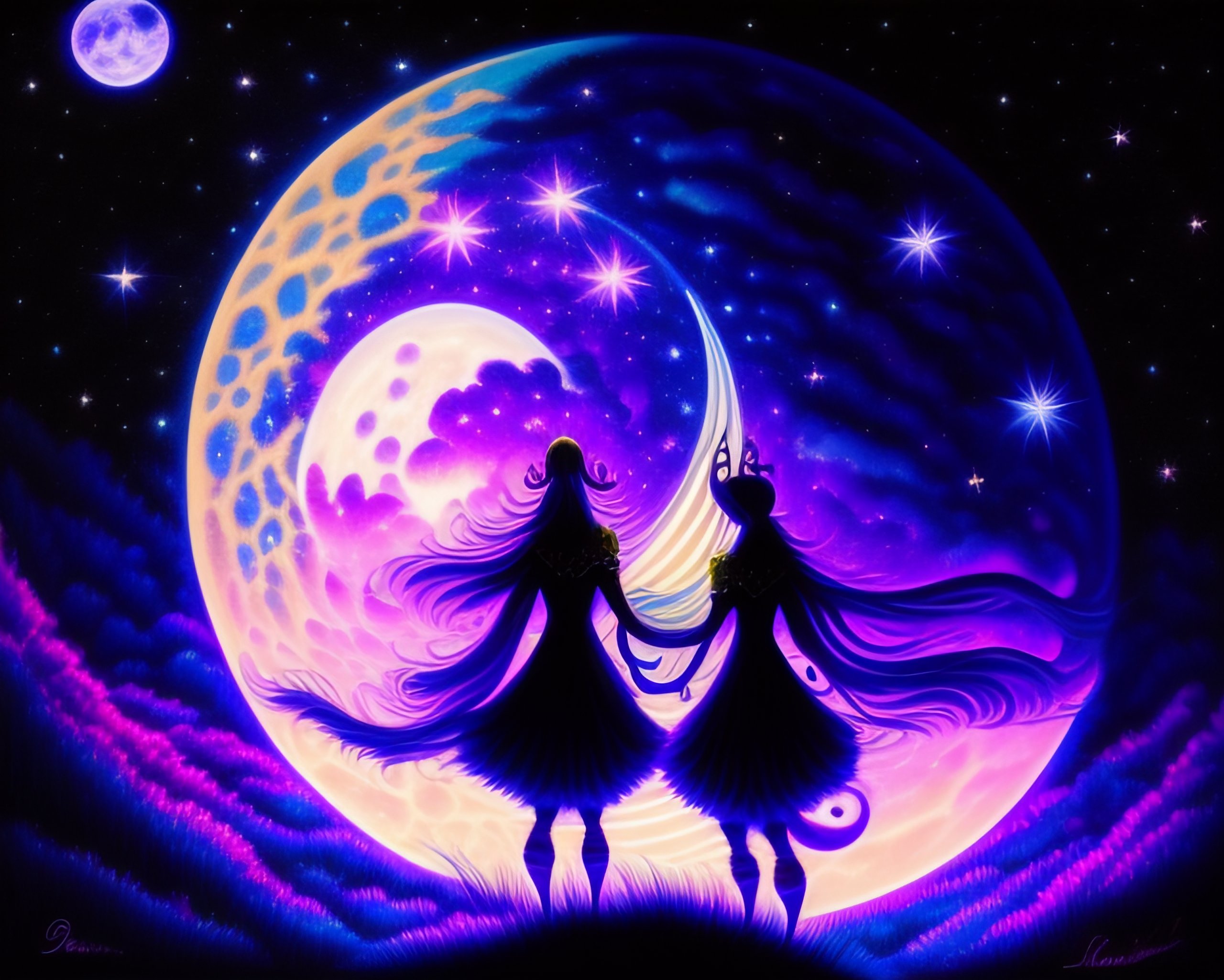 Lexica - Painting of two elves, one tall, one small, silhouetted ...
