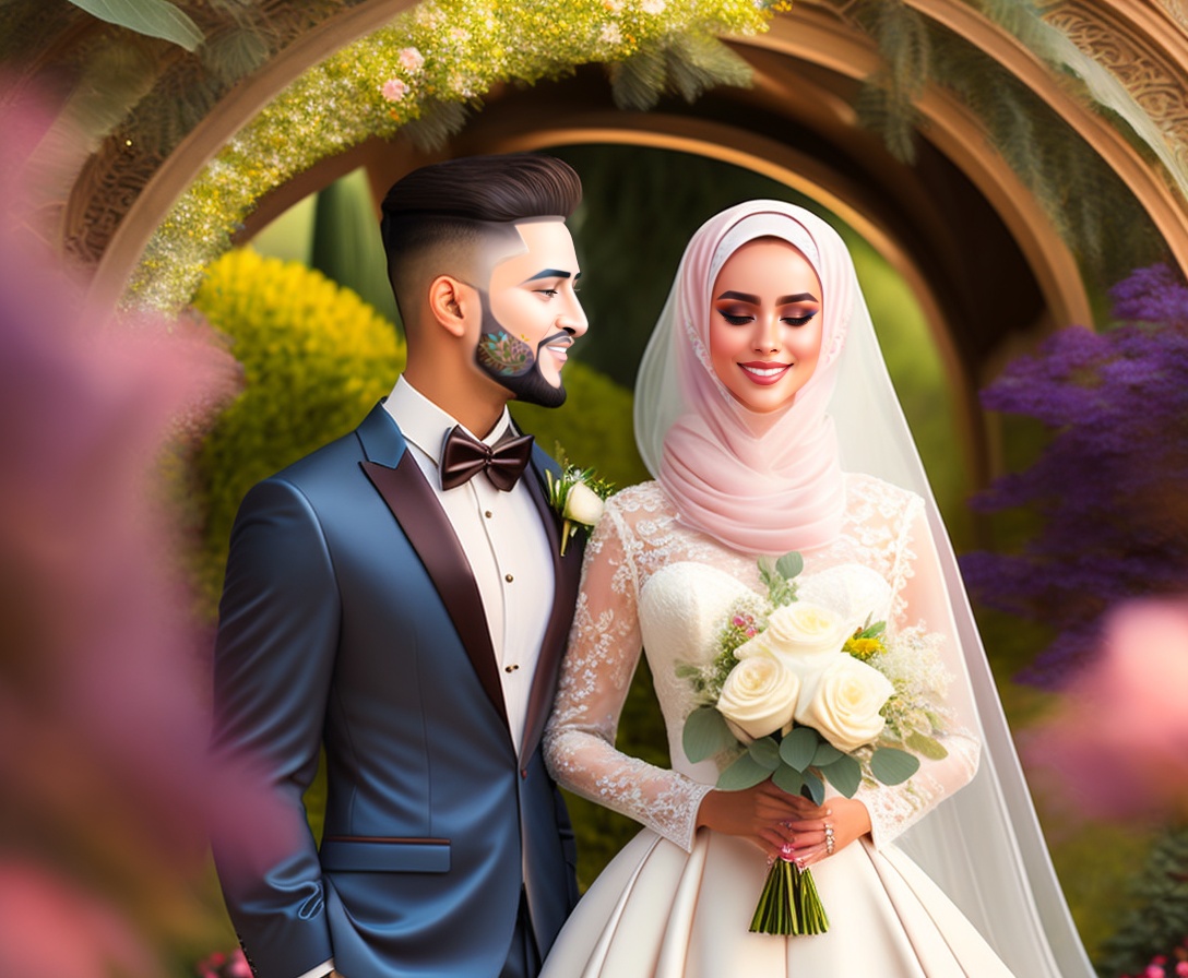 Lexica - Landscape format, a groom, a beautiful bride wearing hijab ...