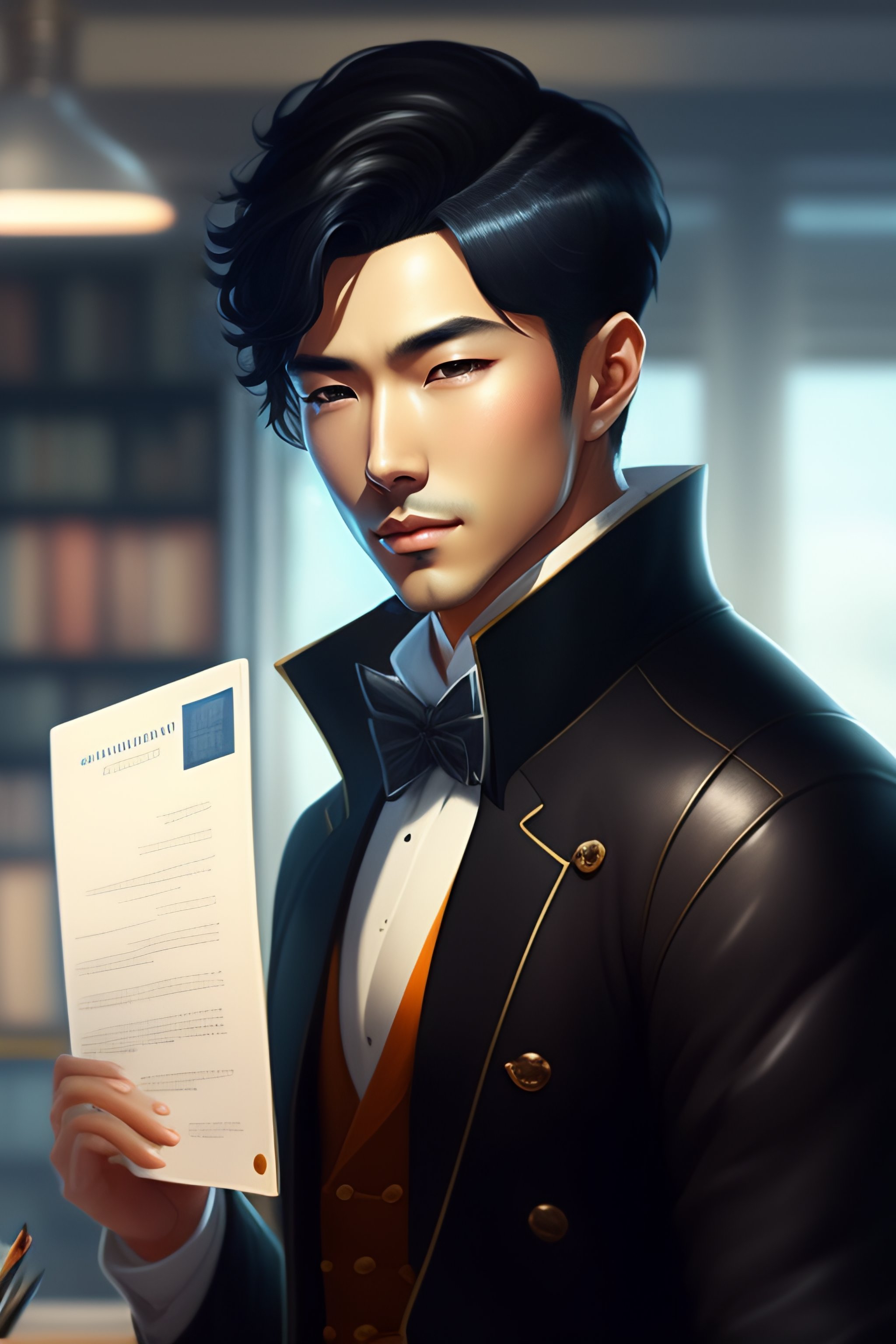 Lexica - Handsome anime man with short black hair, wearing coat and no ...