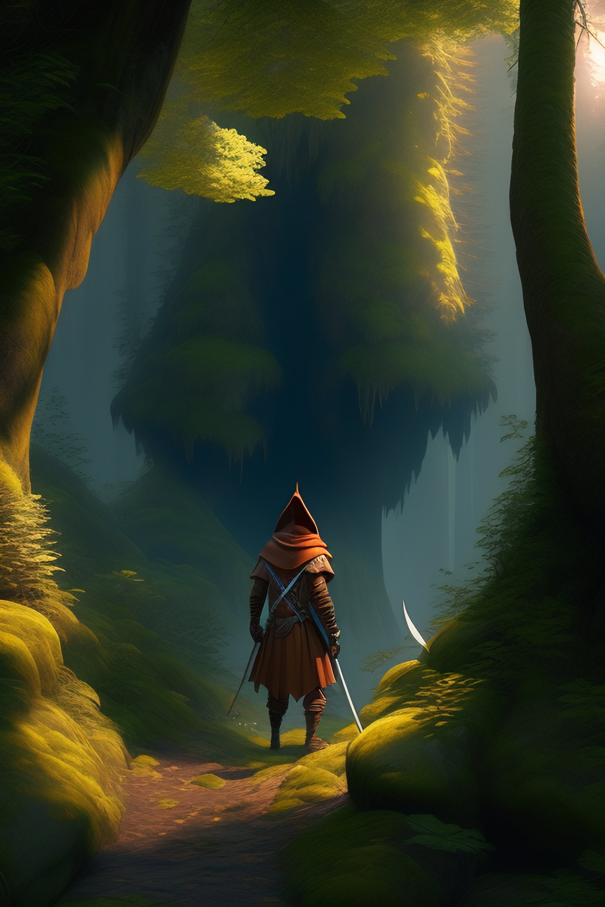 Lexica - Goblin holding sword wearing a brown hooded cloak in a forest ...