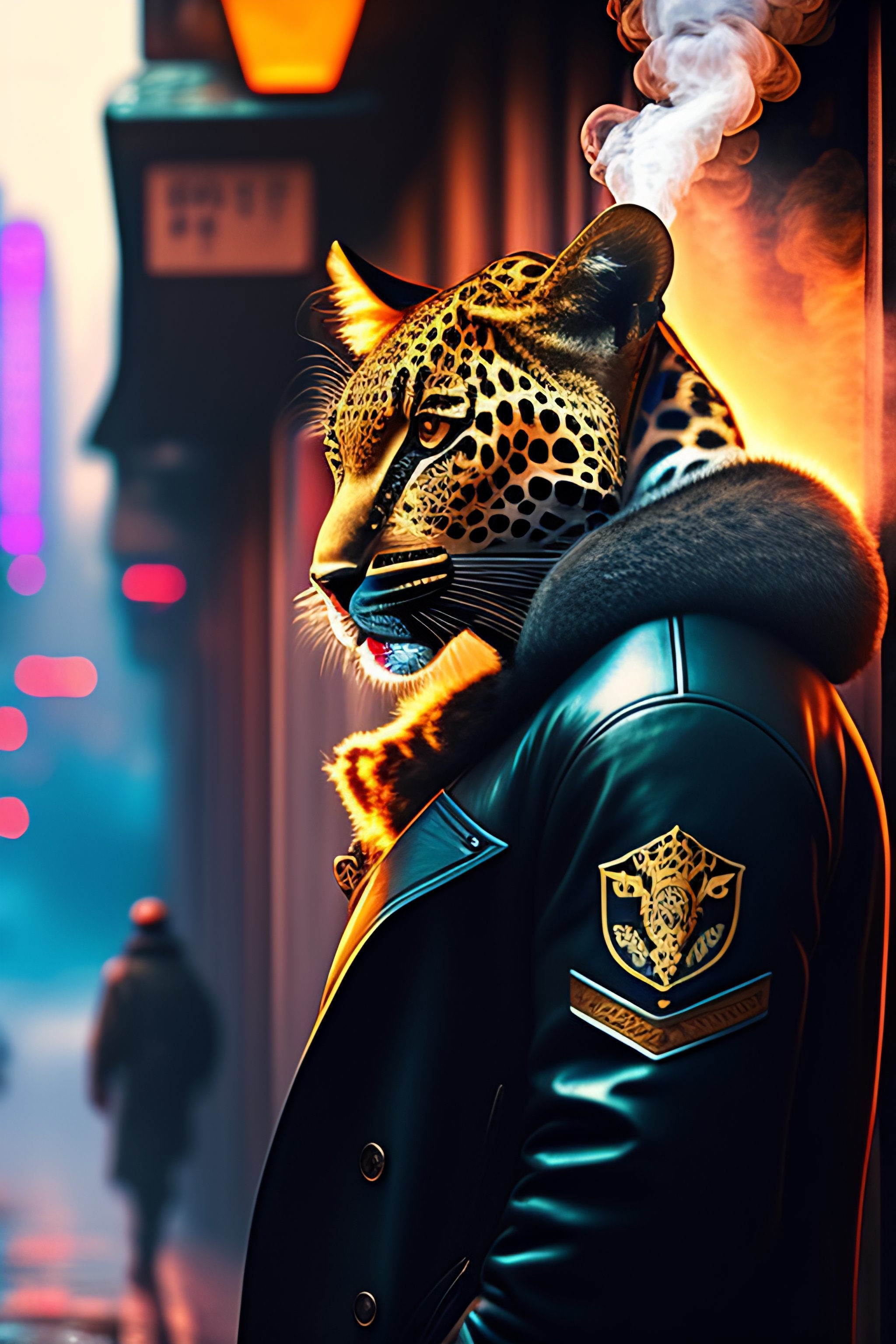 Lexica - Mercenary leopard smoking in a cyberpunk alley
