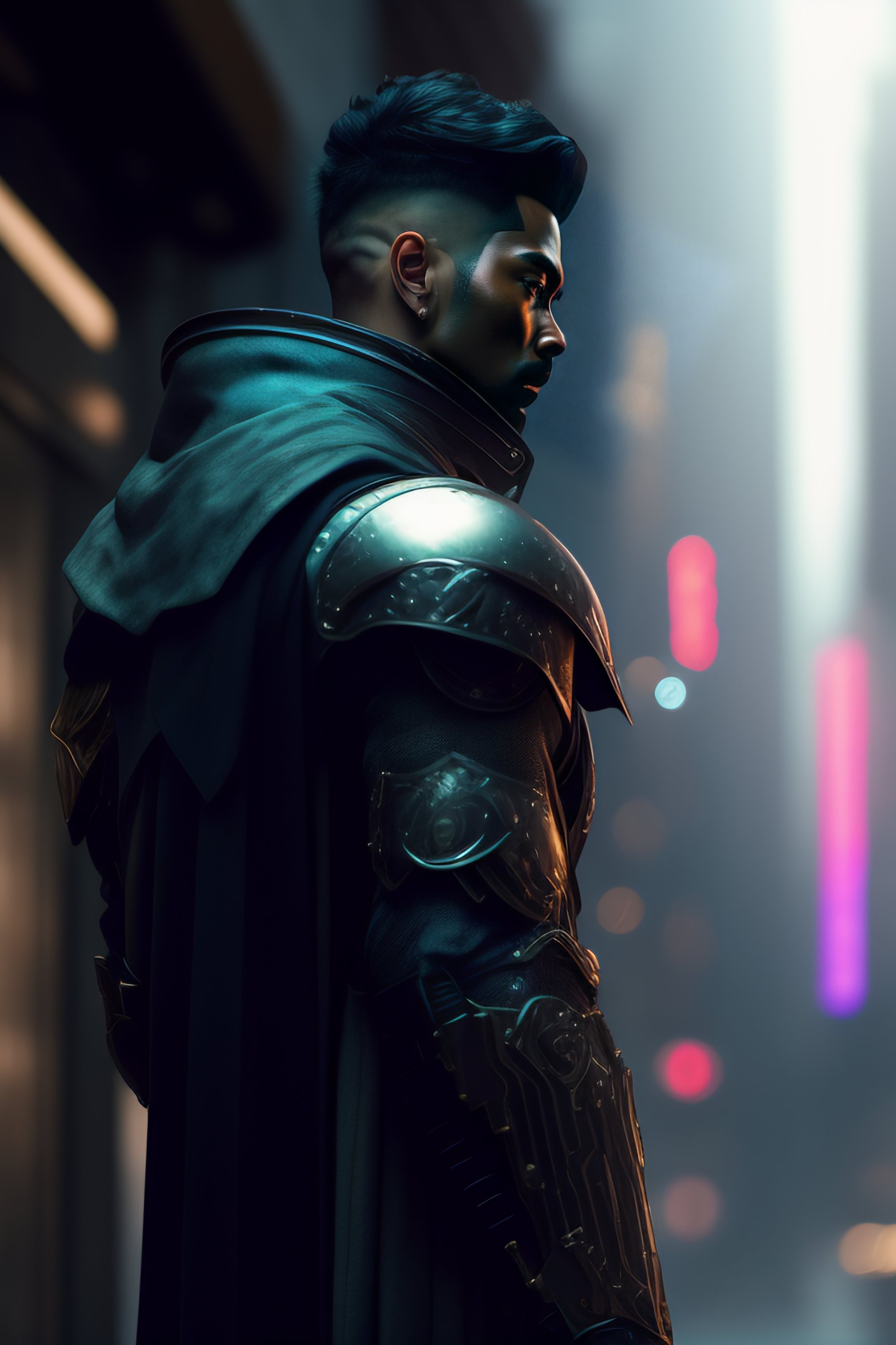 Lexica - Side body,male armour,cyberpunk city,intrusive thoughts