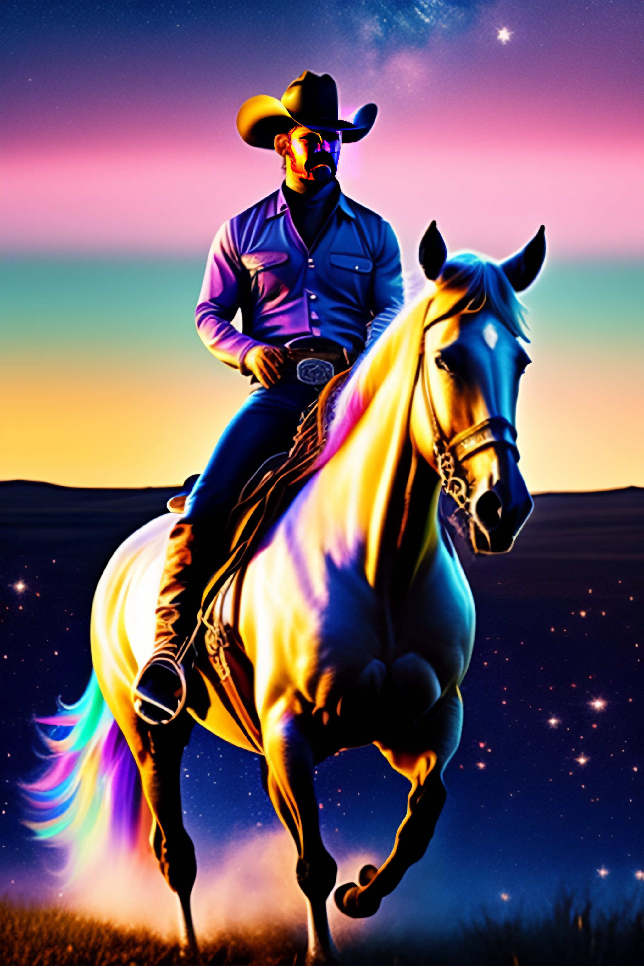 Lexica - Photograph of a cowboy riding a unicorn in a field of stars