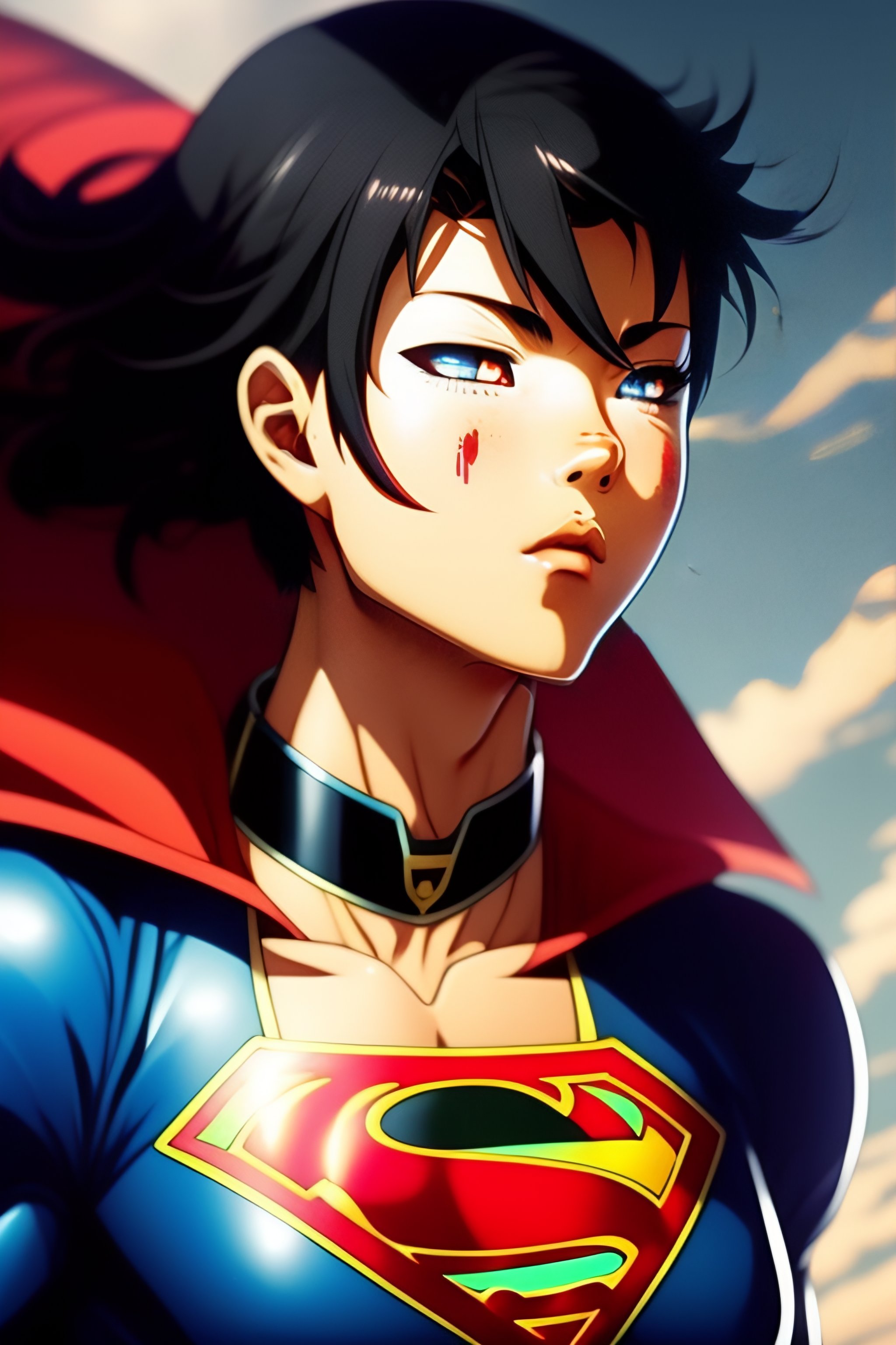 Lexica - Anime of superboy holding a knife crying with blood on her hands