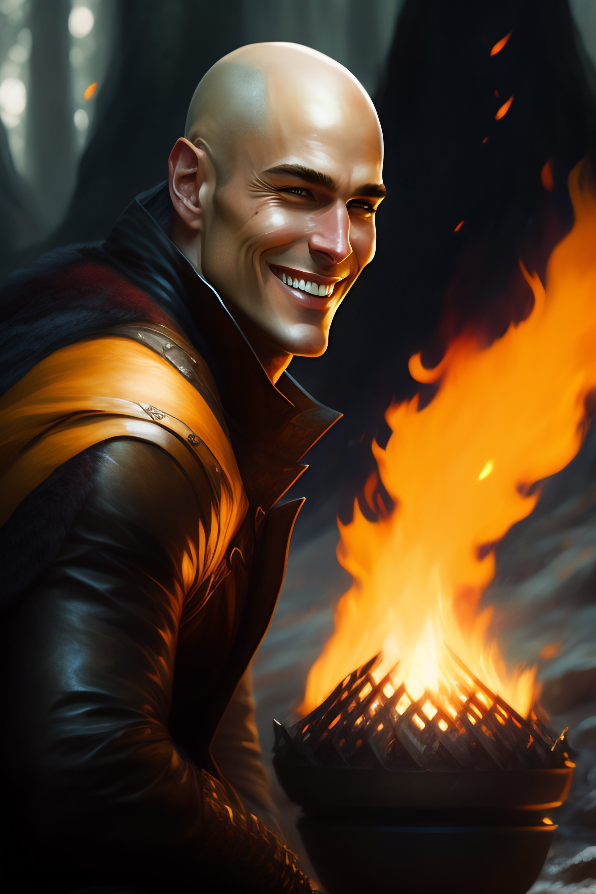 Lexica - Bald clean-shaven beowulf sitting by a campfire and laughing ...