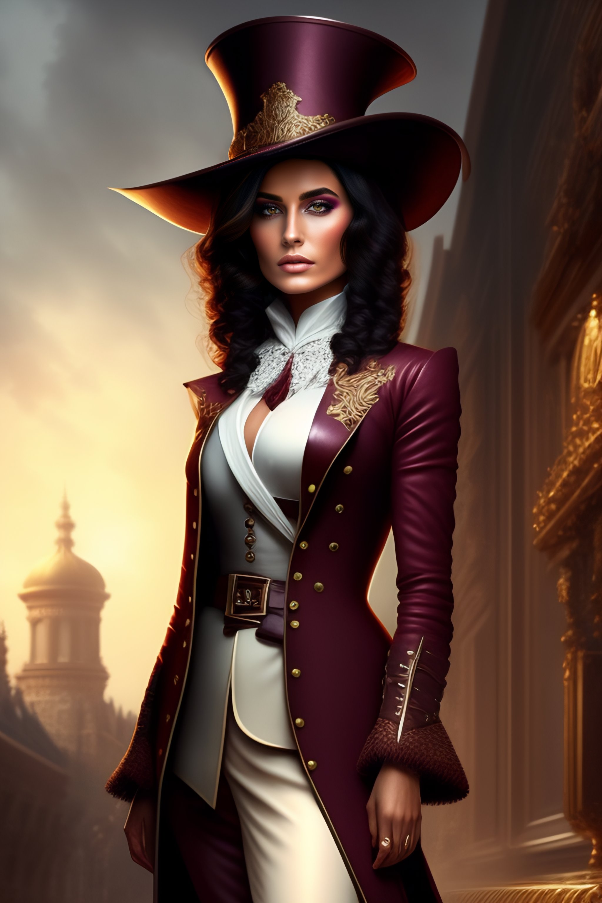 Lexica - Woman, short dark hair, incisive gaze, musketeer hat, Big ...